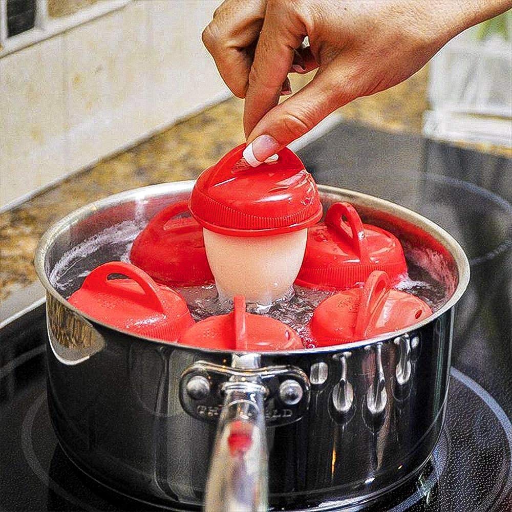 Shaliyan Egg Cooker-6 Pack 6 Exclusively and Holder 6 Nonstick Silicone Seen on TV Hard Boiler Poache, Standard, White/Red