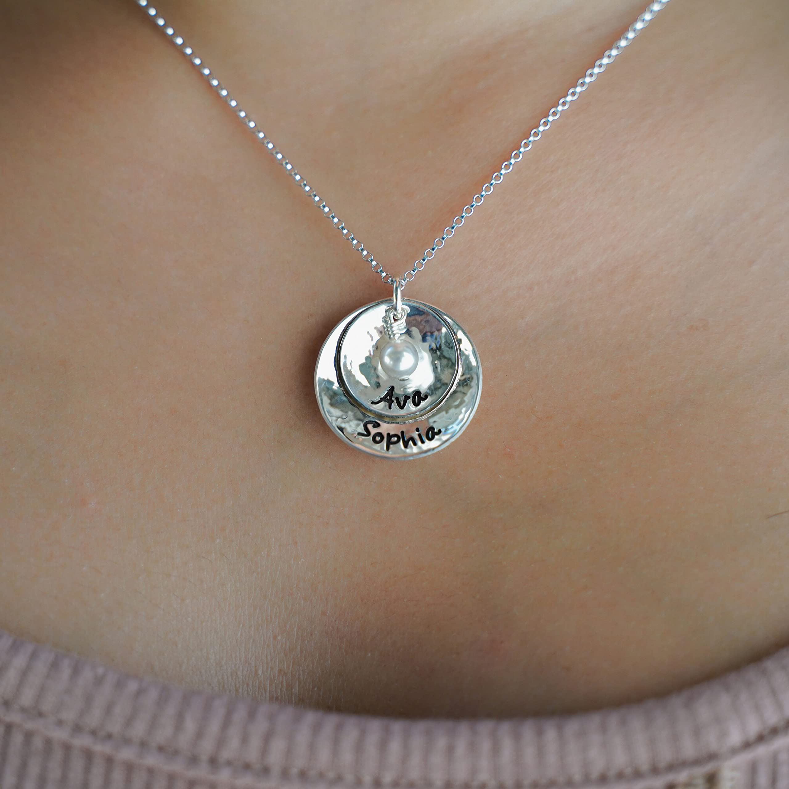 Dopio Personalized Sterling Silver Necklace with 2 Customizable Discs. Hand Finished and Accompanied by a Swarovski Pearl on a Sterling Silver Chain. Gifts for Her, Wife, Mother, Grandmother