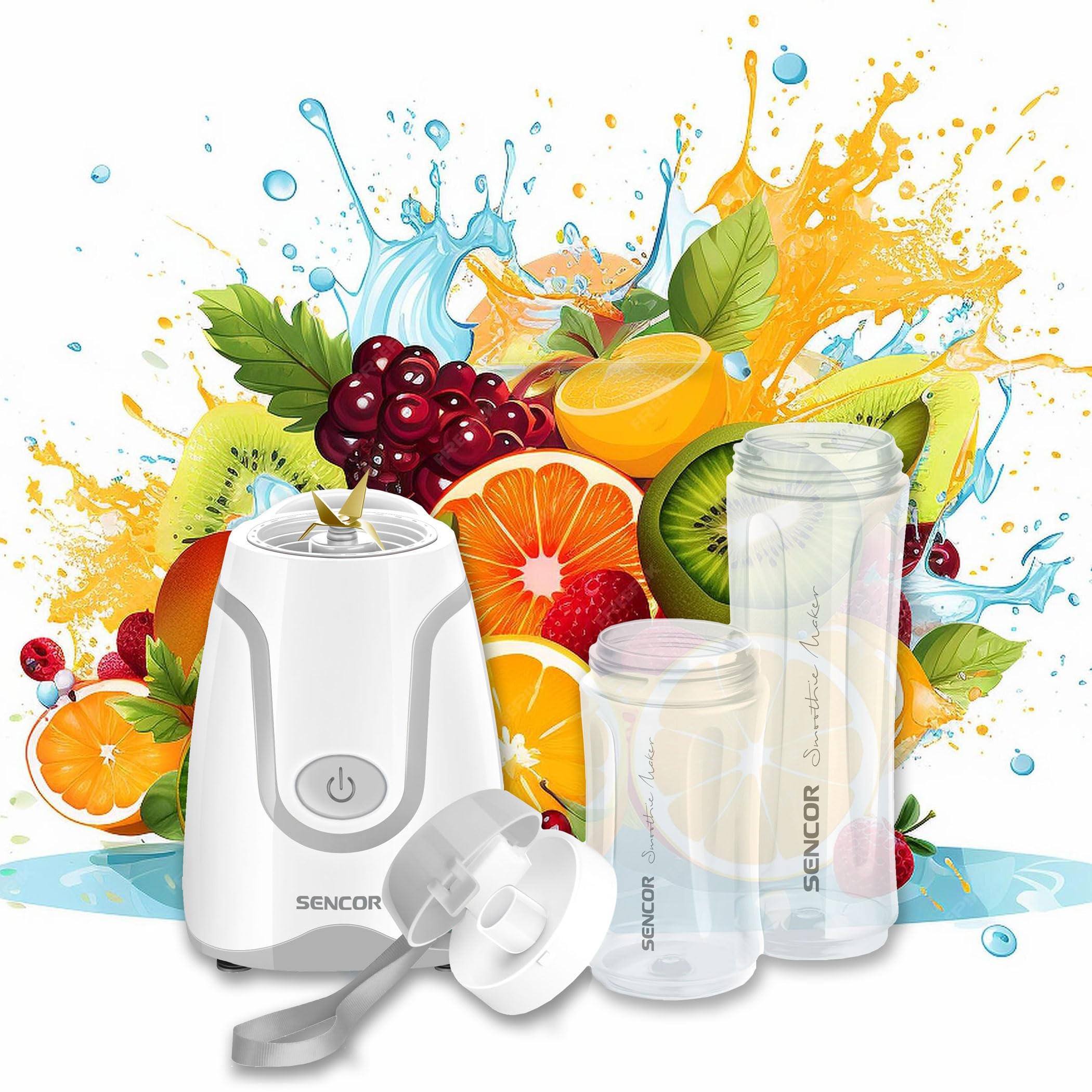 Sencor Smoothie Blender, Blender for Fitness Shakes and Smoothies, Portable Personal Blender for Frozen Protein Juice Drinks. Smoothie Maker with Extra Blender Cup and Lid. 300w WHITE