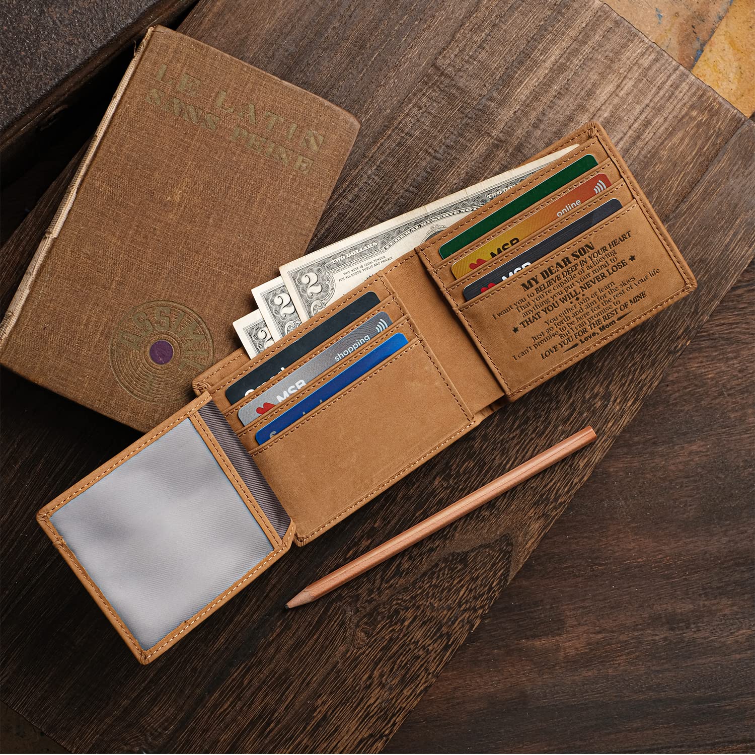 Doptika Engraved Bifold Wallet - Wallet For Son From Mom - Rfid Wallet For Men - Wallet For Men Rfid Blocking - Leather Wallets For Men - Wallet For Men Son Gifts From Mom To My Son Wallet From Mom