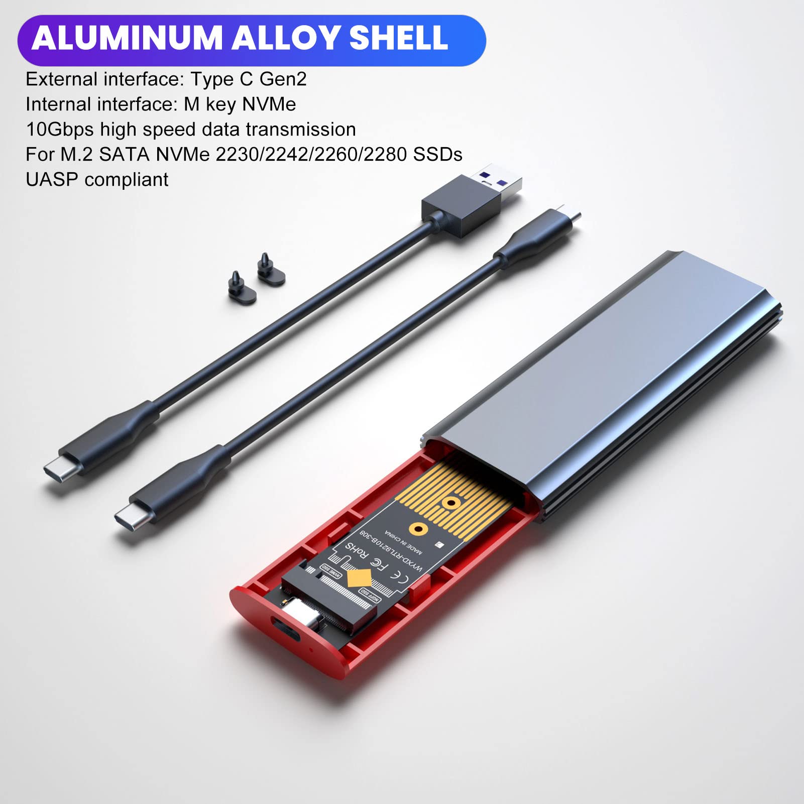 M.2 SSD Enclosure, M.2 NVME SSD Enclosure High Speed Ultrathin Aluminum Alloy Enclosure with UASP Support for 2230 SSD
