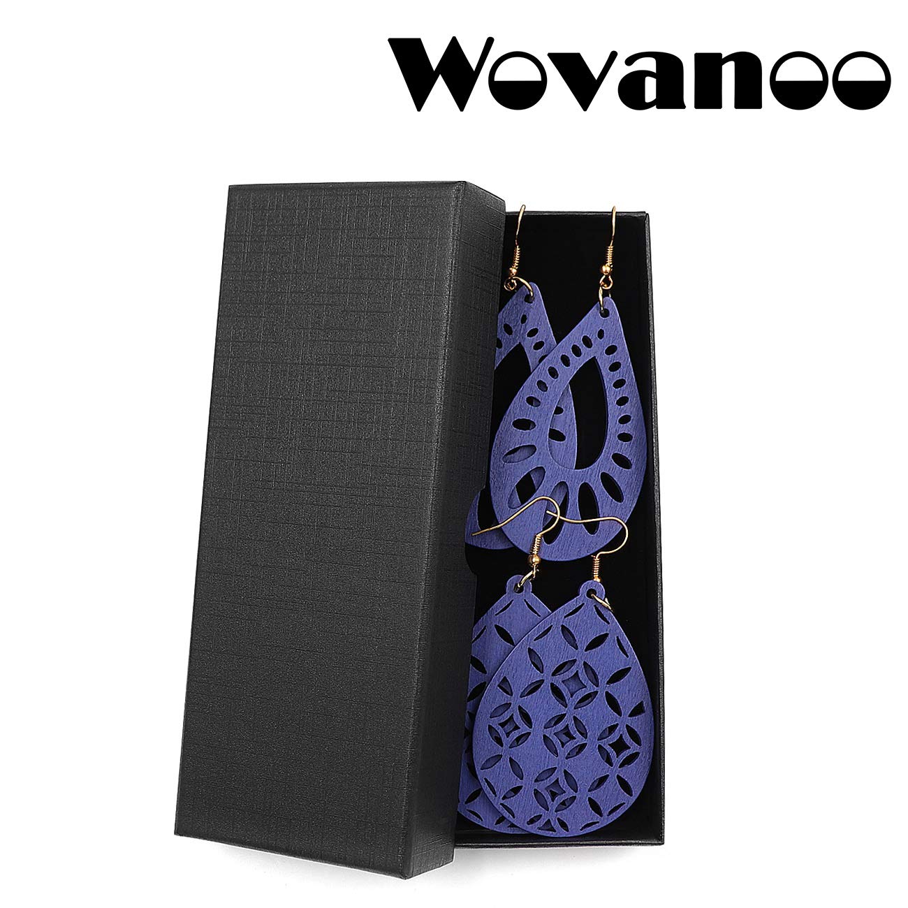 Wovanoo Wooden Cut-out Drop Earrings 2 Pairs Natural Wood Dangle Teardrop Jewelry Gifts Blue Oval