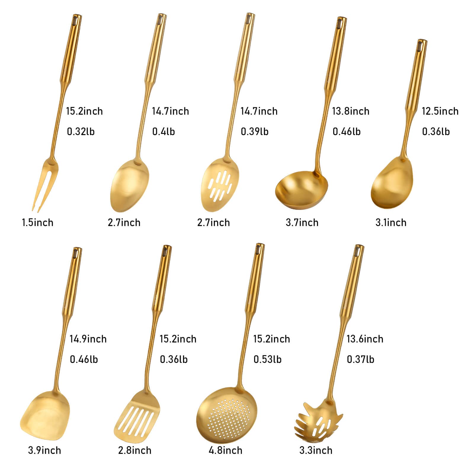 Gold Kitchen Utensils Set, Standcn 9 PCS 304 Stainless Steel All Metal Cooking Tools with Meat Fork, Solid Spoon, Slotted Spoon, Spatula, Ladle, Skimmer, Slotted Spatula, Spaghetti Server, Large Spoon