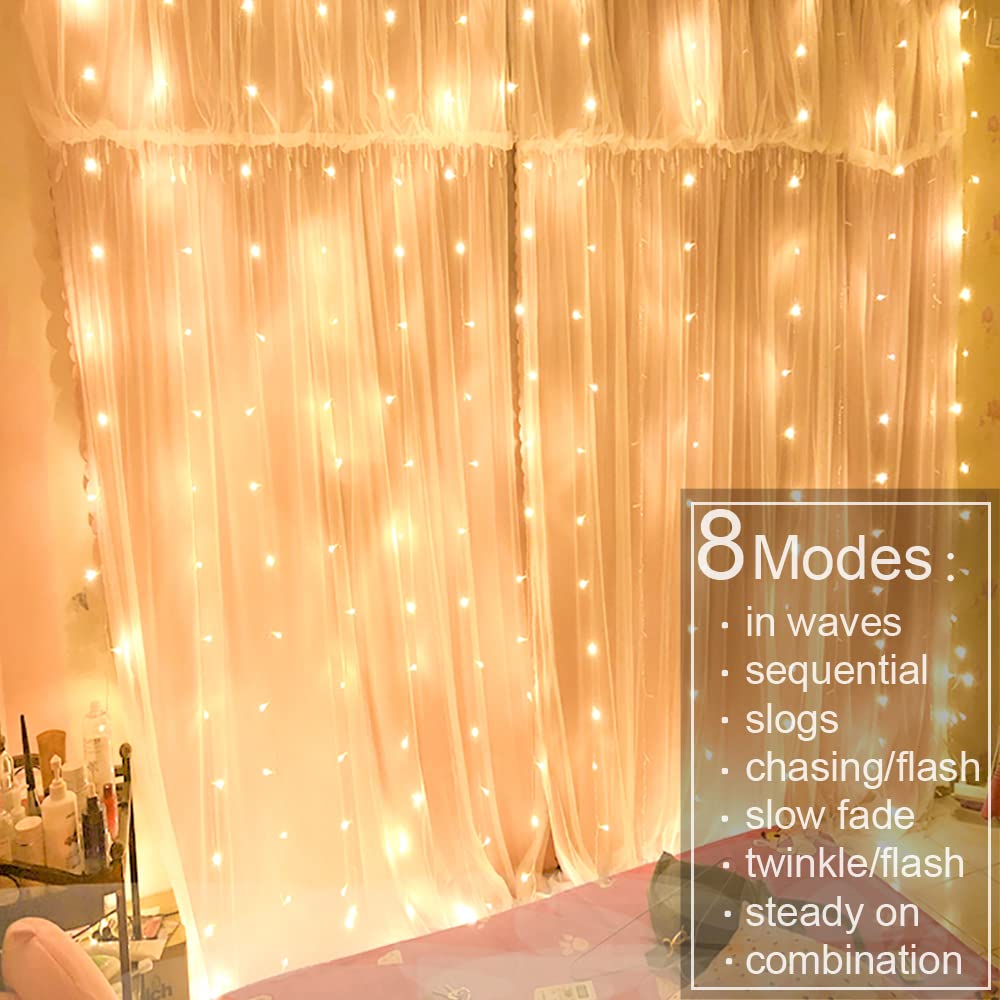 Curtain String Lights, Battery/USB Powered 200 LED Twinkle Light with Remote, Auto On/Off Setting & 8 Modes Fairy Lights for Indoor/Outdoor Bedroom Party Decor (Warm White 9.8 x 6.6Ft)