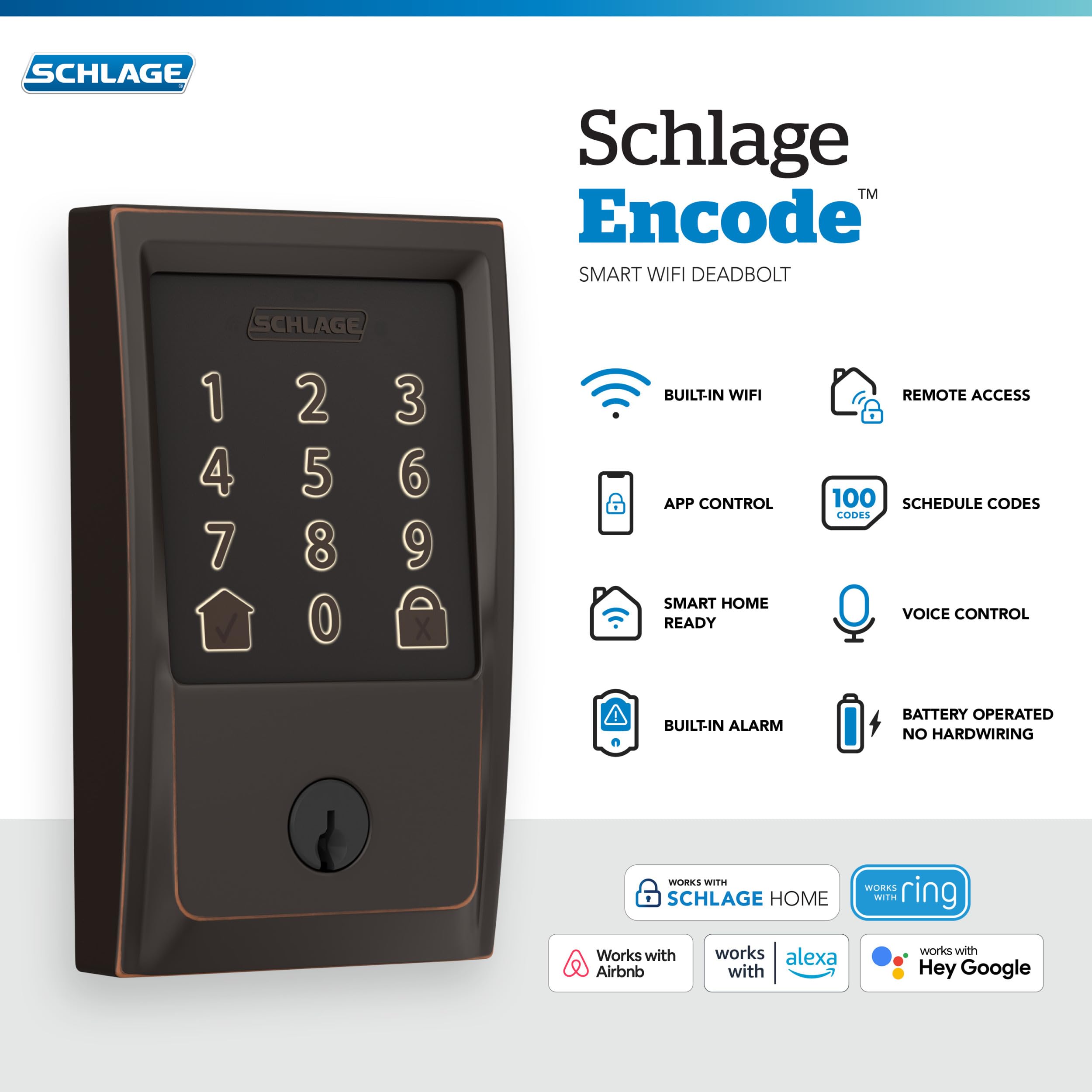 Schlage Encode Smart WiFi Deadbolt with Century Trim In Aged Bronze