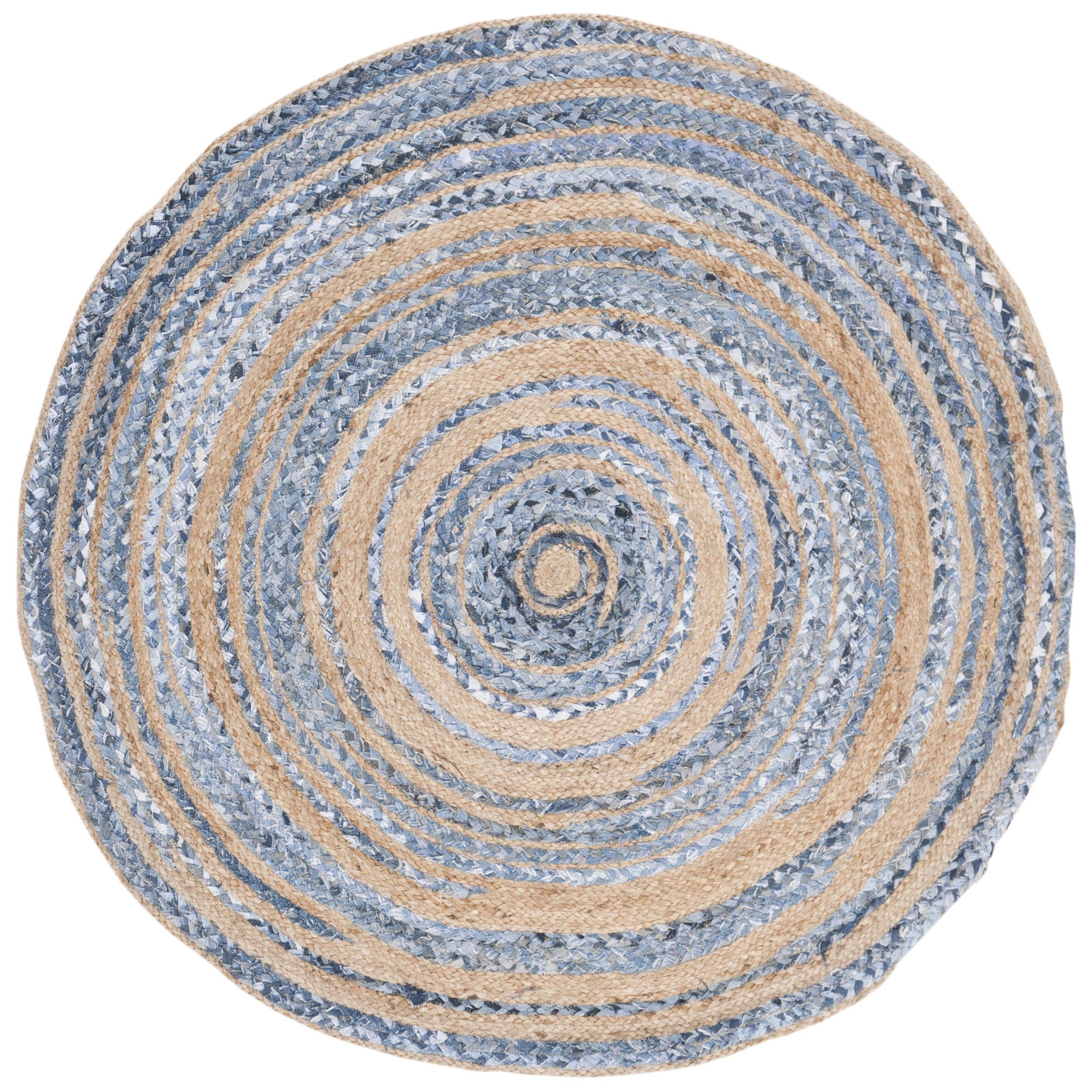 SAFAVIEH Cape Cod Collection 5' Round Blue / Natural CAP209L Handmade Braided Jute & Cotton Area Rug