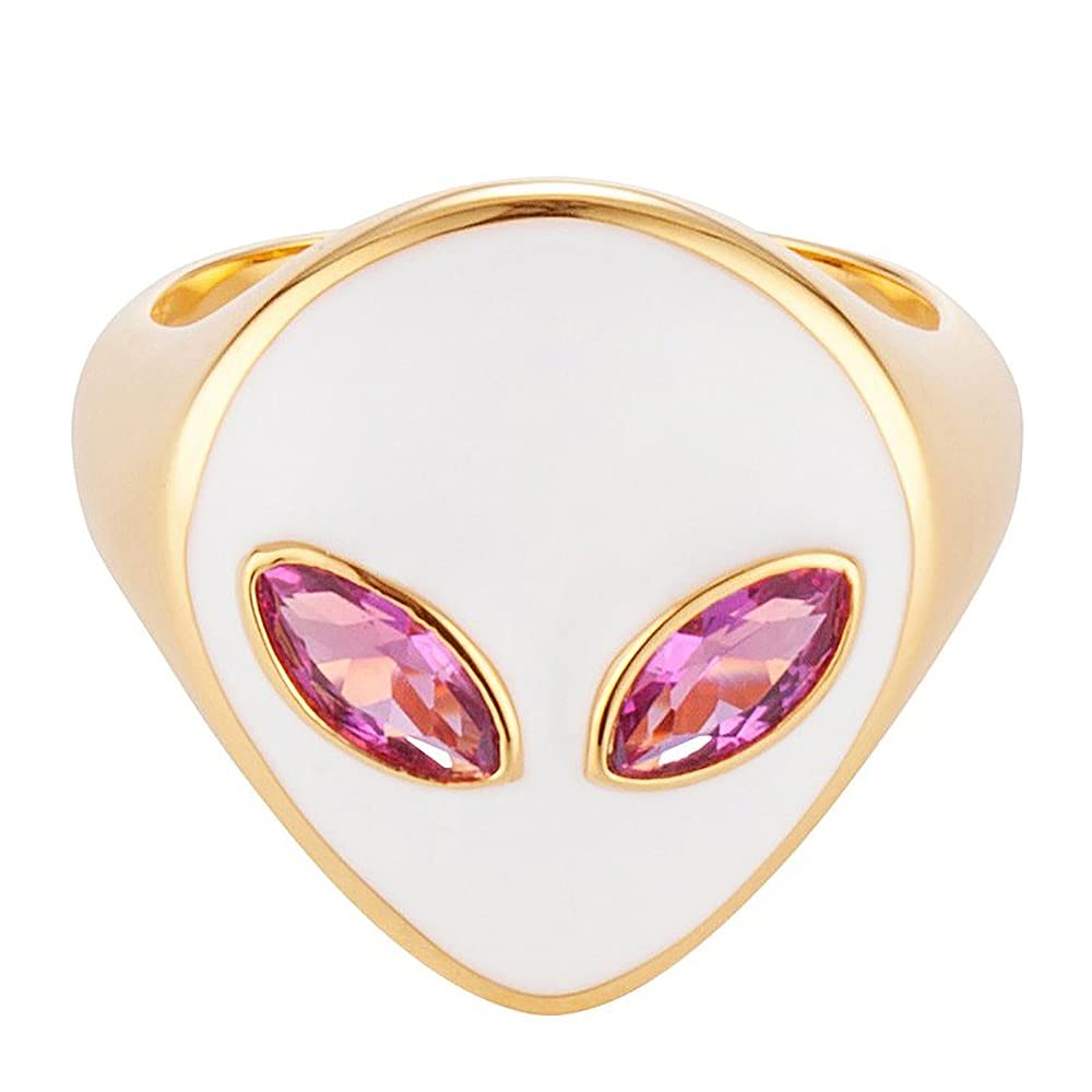CZ Alien Head Statement Ring for Women 18K Gold Plated White Enameled Pink Crystal Eye Chunky Wide Band Finger Rings Comfort Fit Fashion Unique Cute Jewelry Gifts for Friend Size 8