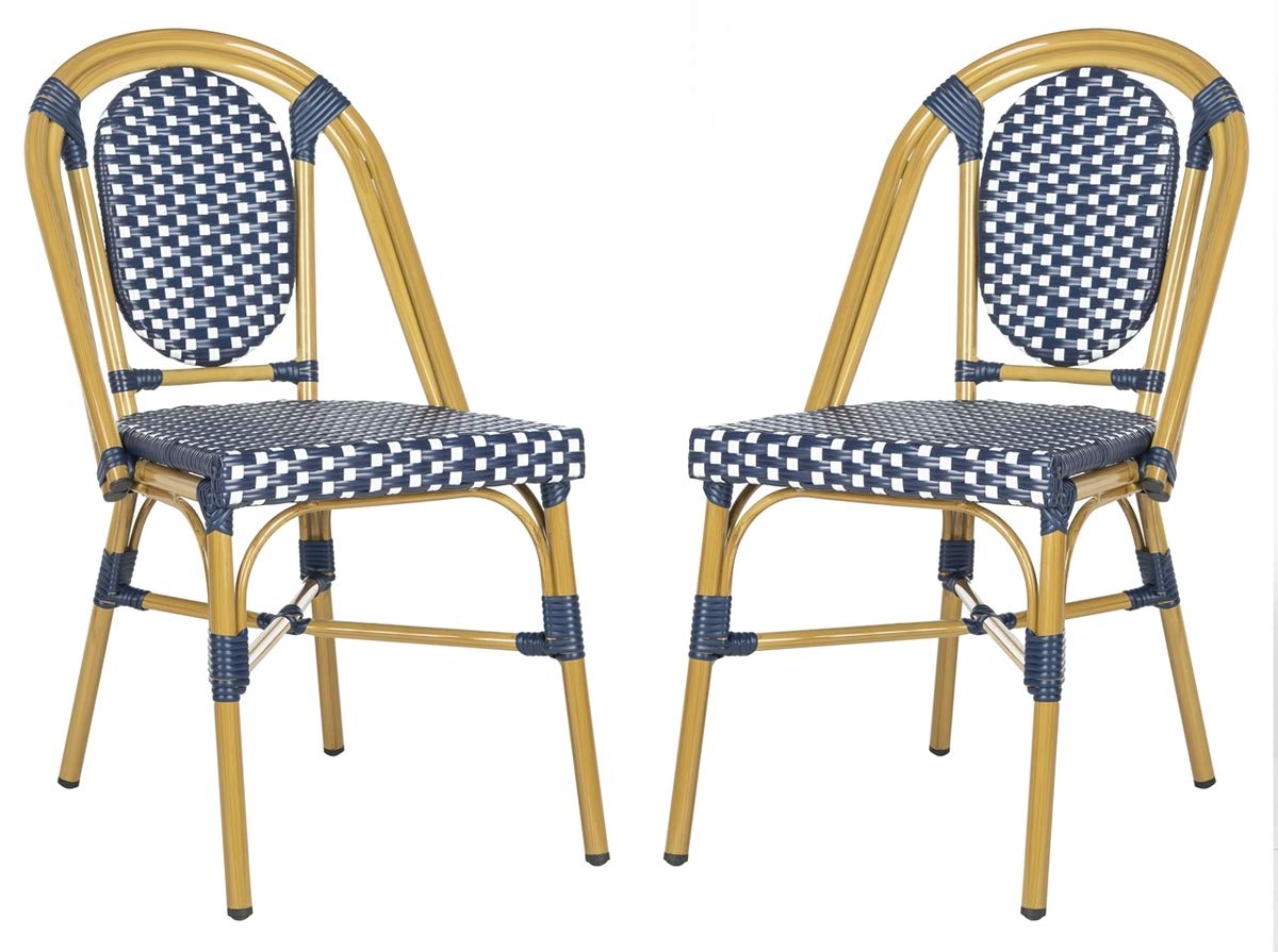 SAFAVIEH Outdoor Collection Lenda French Navy, White and Brown Stackable Bistro Chair (Set of 2)