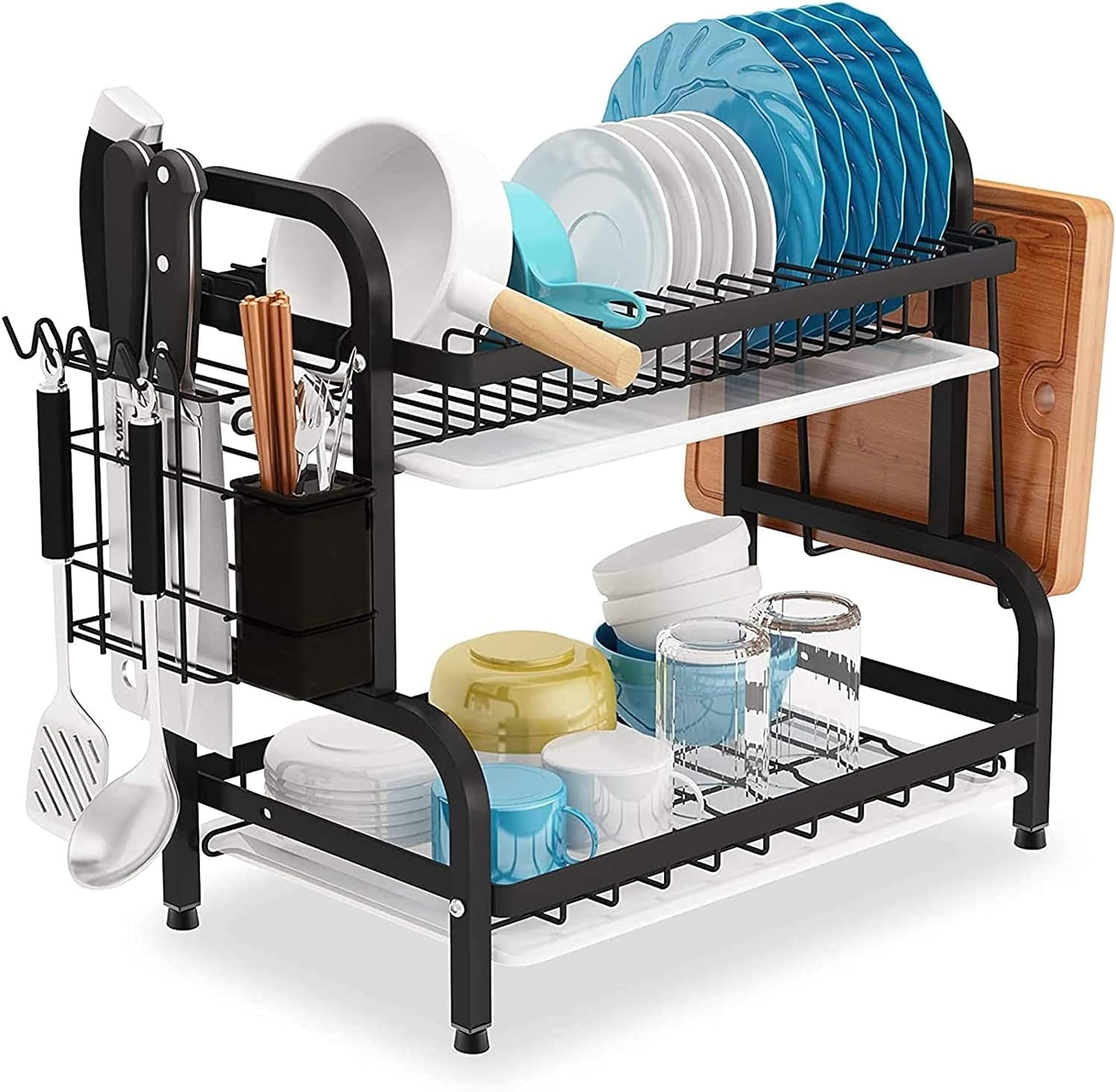 Dish Drainer, 2 Tier Stainless Steel Dish Drying Rack, Utensil Holder, Cutting Board Holder, Rust Proof Large Dish Drainer for Kitchen Counter, with Plastic Trays to Catch Drained Water