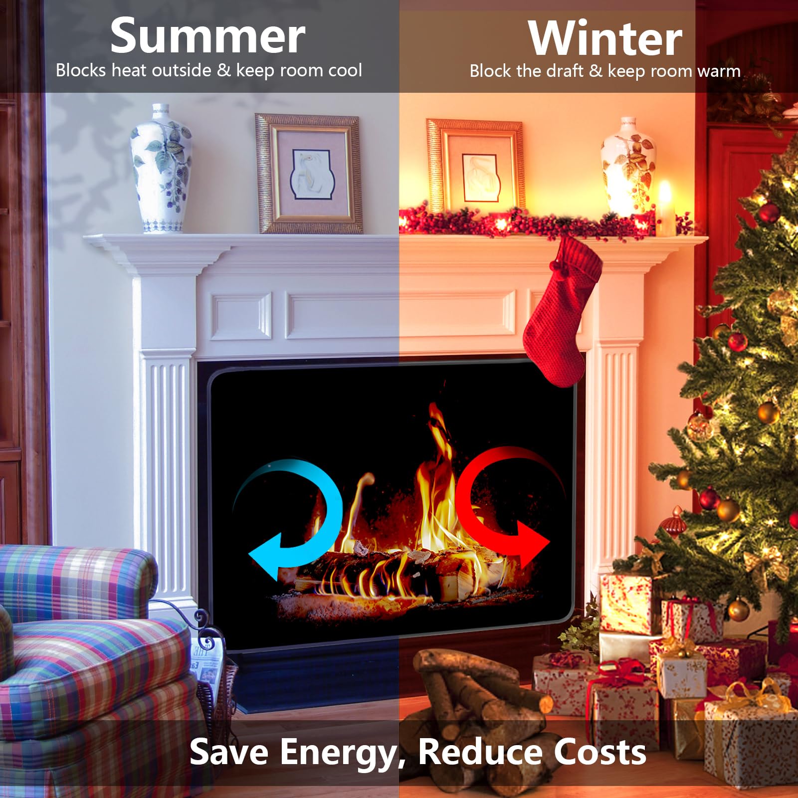 Magnetic Fireplace Cover for Inside Fireplace Stops Heat Loss, Fireplace Blanket Draft Stopper for Winter & Summer, Hot & Cold Air Blocker, Flame, 38”W X 31”H Insulated Fireplace Draft Cover