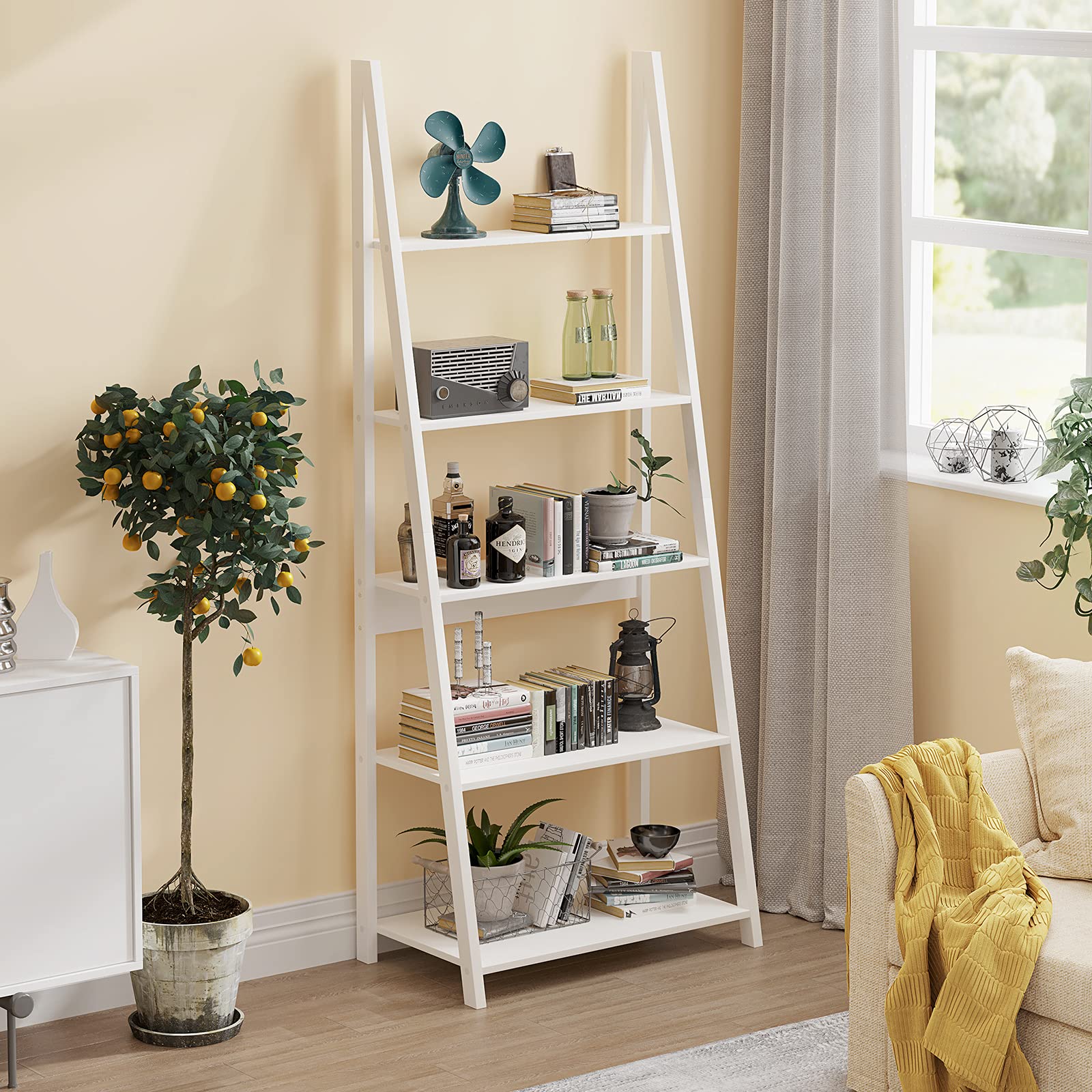 EPHEX 5-Tier Ladder Shelf Bookcase, Leaning Bookshelf, Wooden Frame Decor Modern Bookshelf Storage, Flower Shelf Plant Display Shelf for Home Office (Brown)