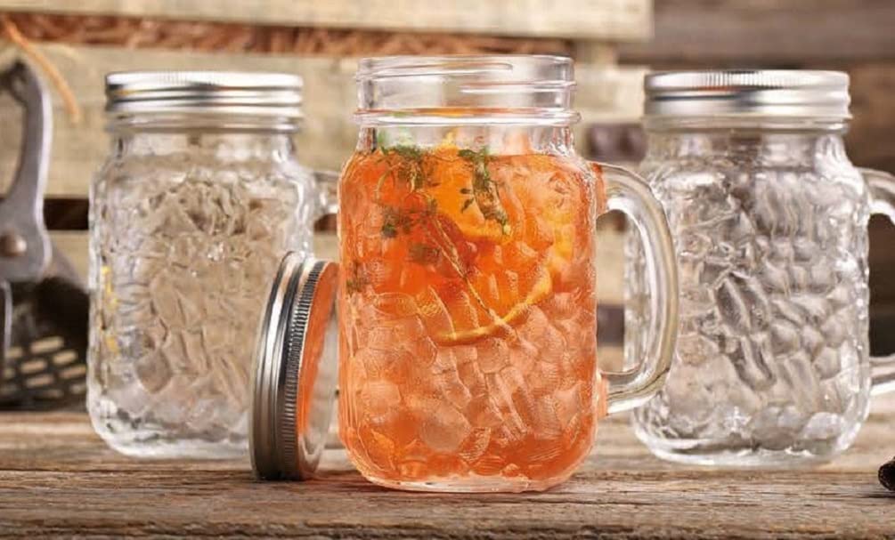 Glaver's Mason Jar Cups 16Oz β Set of 4 Mason Jars with Lids and Handles β Hammered Style Large Mason Cups for Parties, Dinner, Home, Lemonade, Smoothies, Cocktails, Drinks - Dishwasher Safe.