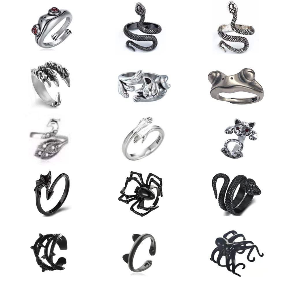 CZYYSWGS 15Pcs Silver and Black Goth Rings Vintage Snake Frog Spider Punk Rings Adjustable Rings for Women Cool Rings Goth Accessories（A006）