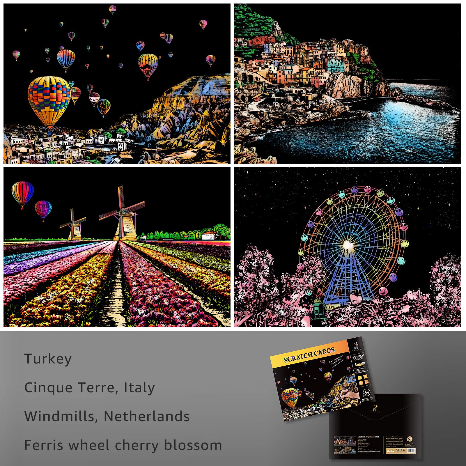 Scratch Art for Teens & Adults, Rainbow Engraving Painting Landscape Scratchboard(A4) Crafts Set: 8 Sheets with 4 Tools - New York, Statue of Liberty, Golden Gate Bridge, Manarola (America/Europe)