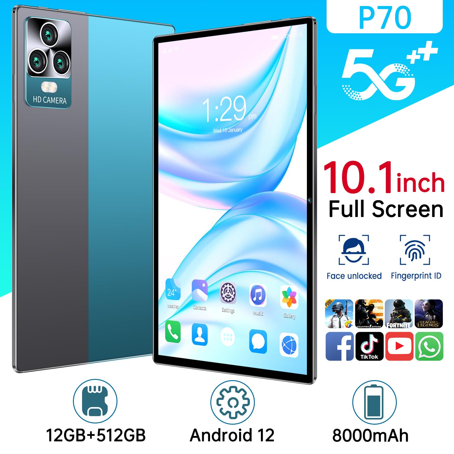 deriny P70 HD10 inch Android Tablet,1080p Full HD,Long Battery Life,Dual Camera,6GB RAM 128GB ROM,Dual SIM,WiFi,GPS,Bluetooth,Fire HD Kids Tablet,Widely Compatible with App(Blue)