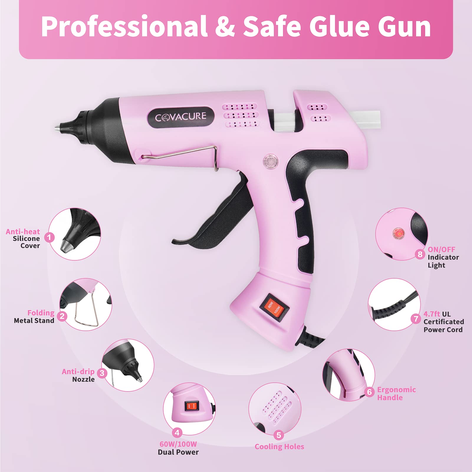 COVACURE Hot Glue Gun 60W/100W with 20 PCS Full Size Glue Sticks - Fast Preheating & Drip Proof Glue Gun Kit for Adults & Kids, Ideal for Arts, Craft, DIY, Decorations, Fast Repairs