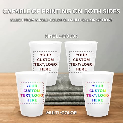 Custom Frosted Plastic Stadium Cups, 10 pack, Promotional Text, Logo, 16 oz. Shatterproof Flexible Reusable Party Cups, Pearl White