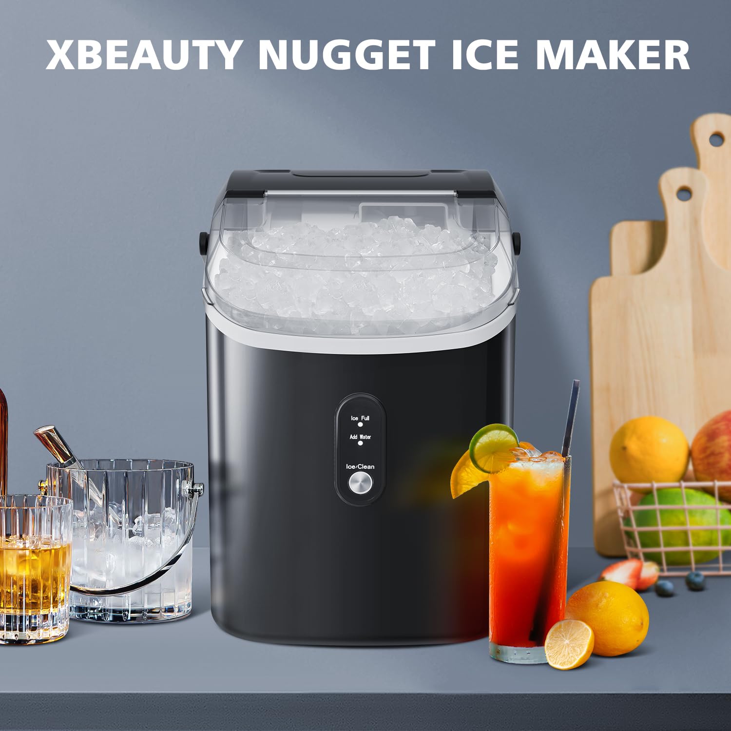 Nugget Ice Makers Countertop, Crushed Ice Maker with Handle,35Lbs/24H,Soft Chewable Ice, Pebble Ice Maker with Self-Cleaning, Ice Scoop and Ice Basket,for Home,Office,Kitchen（Inkiness）