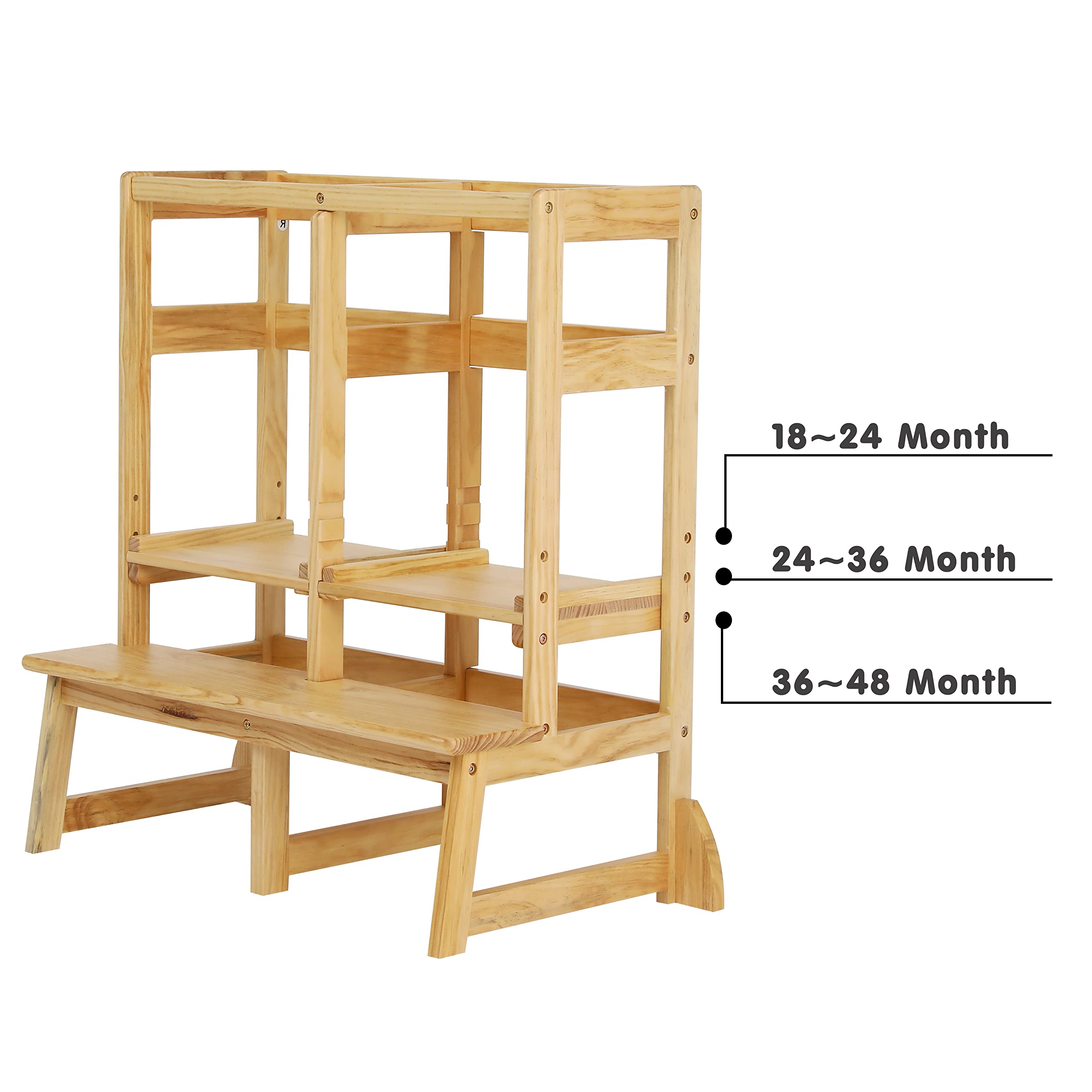 SDADI Kitchen Step Stool Tower for 2 Kids, Adjustable Height Double Learning Stool, Solid Wood Construction Toddler Tower (Natural)