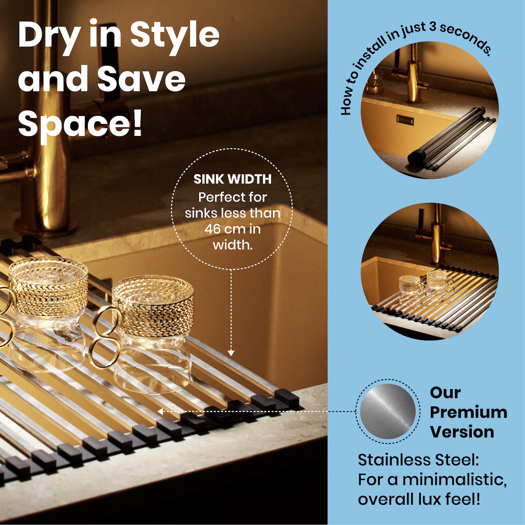 Happy Sinks Roll Up Dish Drying Rack - Foldable Stainless Design for Maximizing Kitchen Space - Over Sink Rack - Stainless Steel Over Sink Dish Drainer 18.1" x 12.6" - Drying Rack Kitchen (Steel)