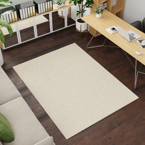 Ottomanson Indoor Solid Shag Design Rubber Back 5x7 Soft Pile Shag Area Rug for Bedroom, Living Room, Dining Room, Office, 5' x 7', Cream