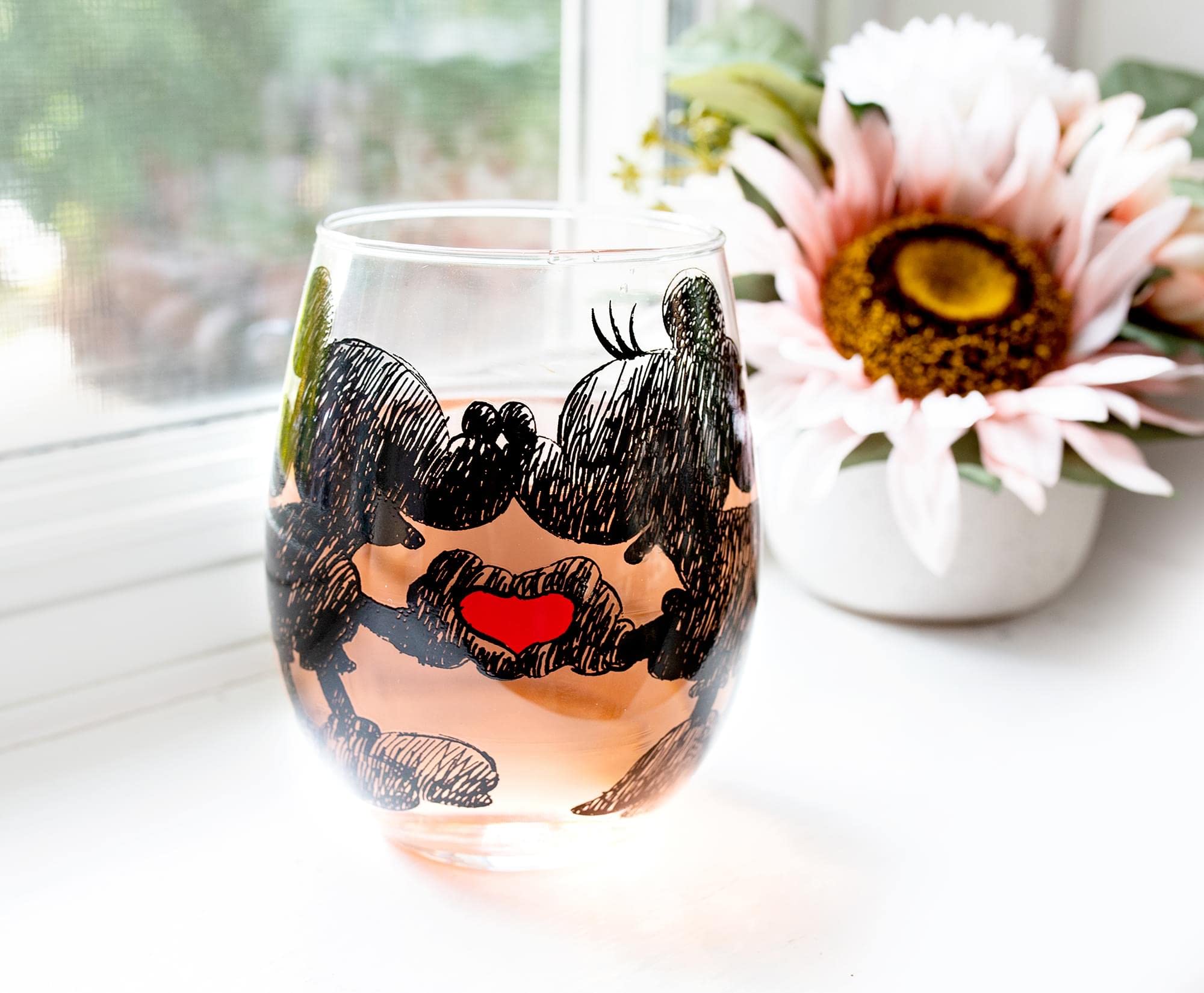 Disney Mickey and Minnie Mouse Heart Teardrop Stemless Wine Glass | Tumbler Cup For Mimosas, Cocktails
