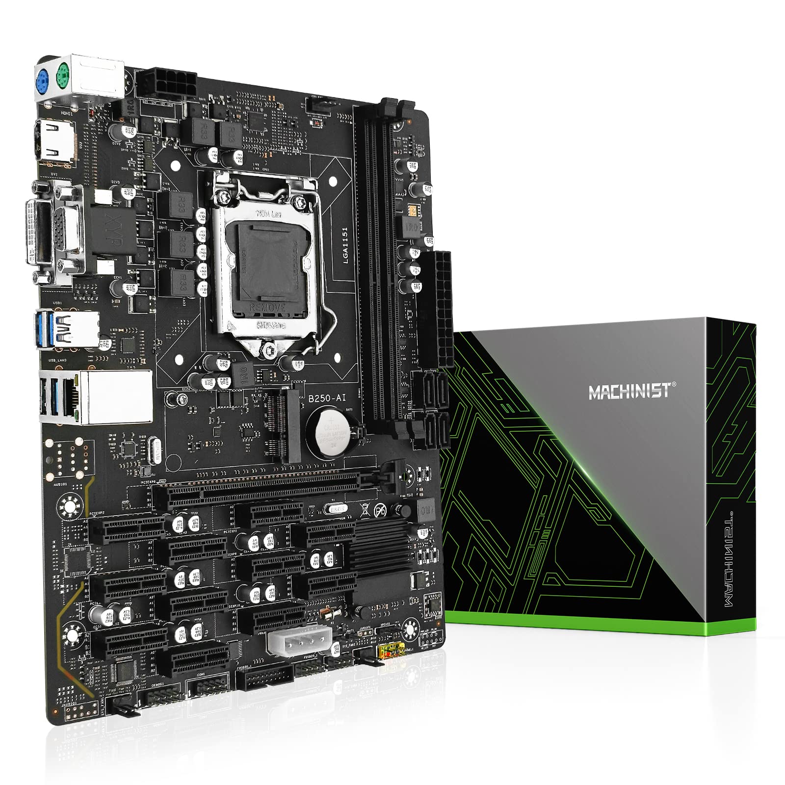 MACHINIST B250 BTC Mining Motherboard, Intel LGA 1151 Computer Motherboard with 12 GPU Slots (Intel 6th/7th Gen, PCIe 3.0, mSATA, VGA+DVI, DDR4, USB 3.0) for BTC/ETH/ZEC Intel Skylake Full Series AII
