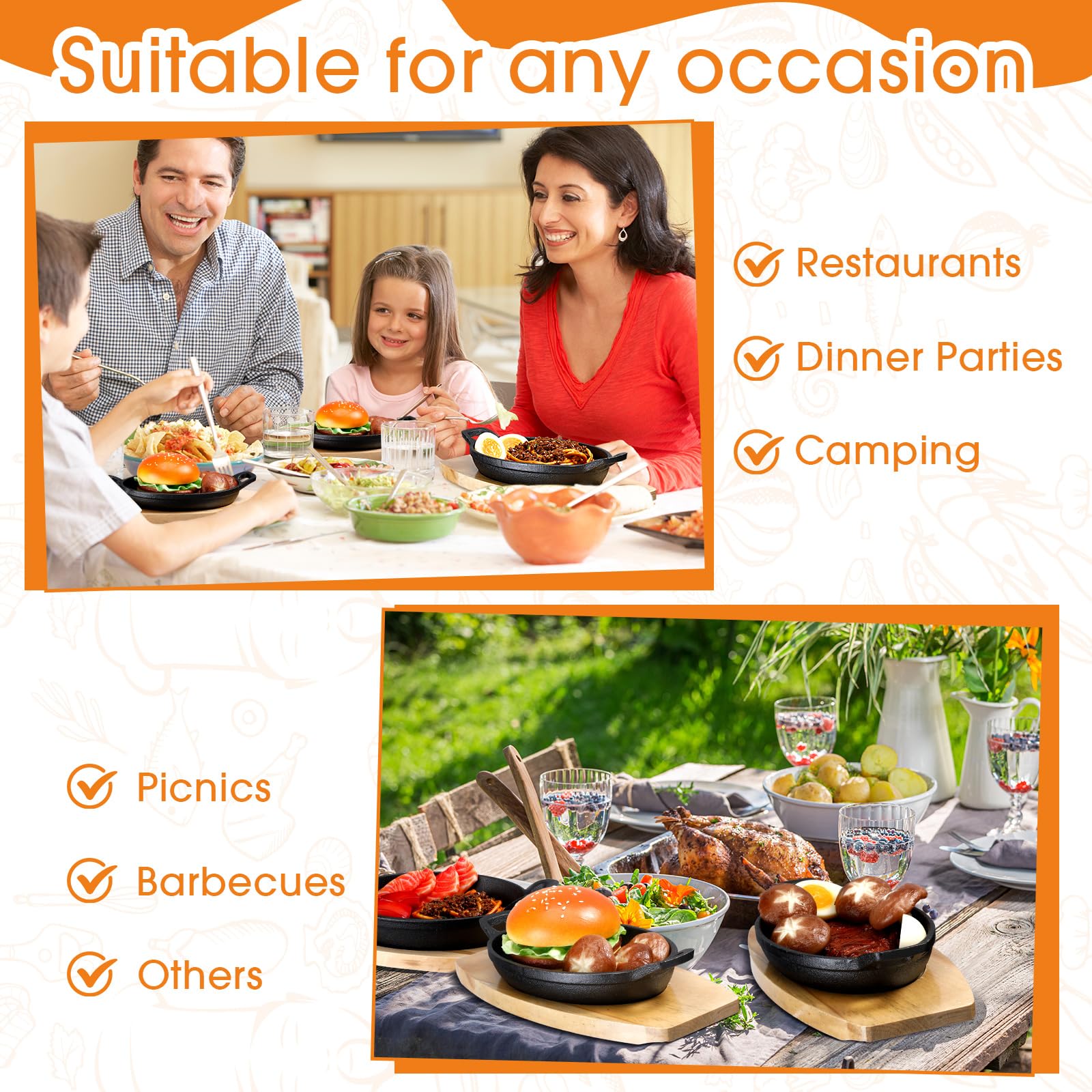 Mifoci 6 Sets Mini Cast Iron Skillets,oval Fajita Plates with Wooden Base Dish Tray Serving Sizzling Plate for Baking Roasting Cooking Grilling Appetizer (8.5x6.1x1.7 In)