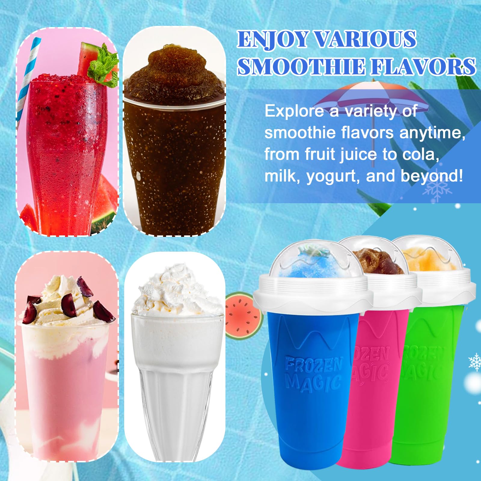 Slushie Cup, 2 Pack Slushy Maker Cup, Frozen Magic Squeeze Cups for Juice Milk Yogurt Ice Cream Make, DIY Smoothie Cooling Cup with Lid & Straw for Kids Friends Family (Blue+Pink)