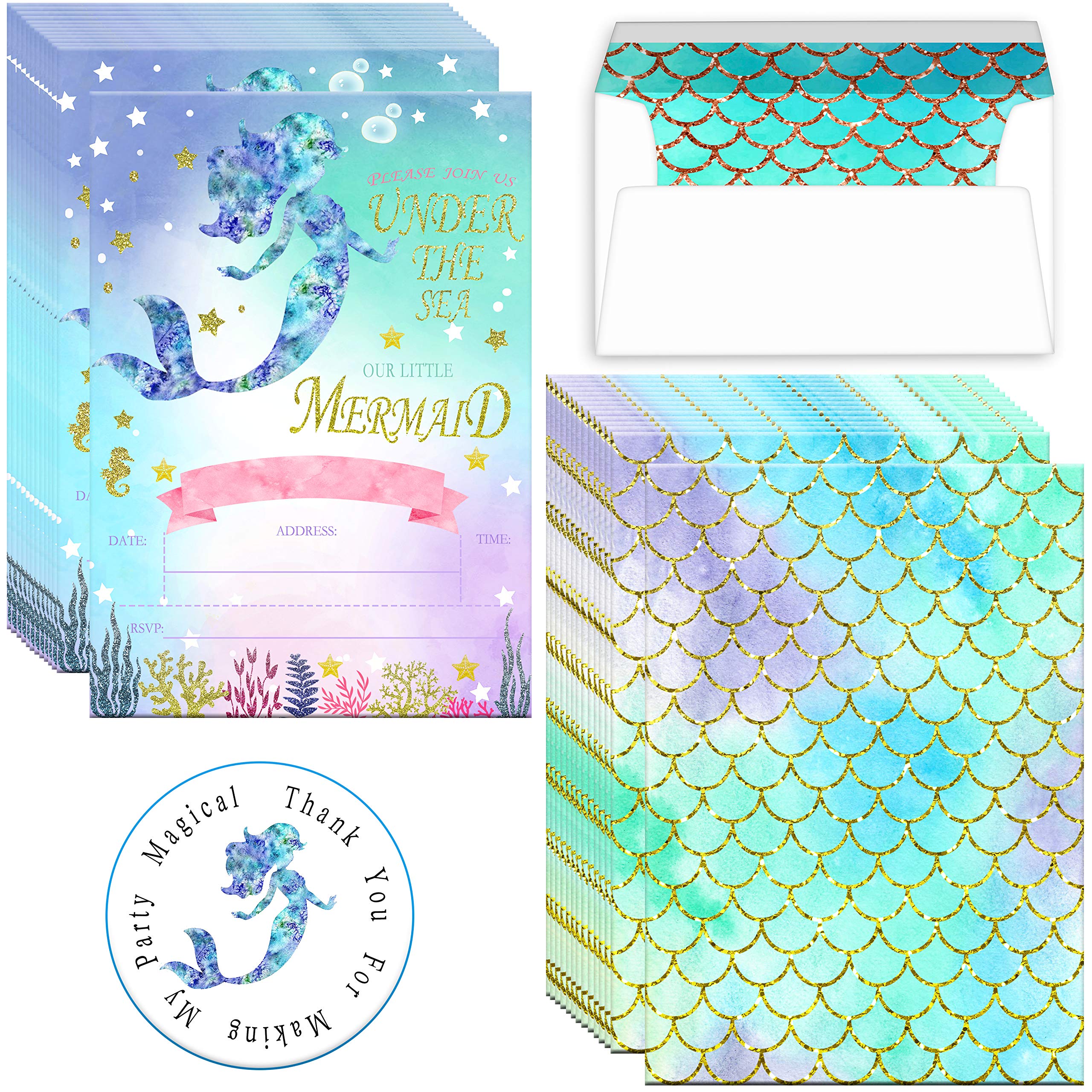 SamPartyShop Mermaid Invitations with Envelopes,Magical Glitter Mermaid Party Invitations,20 Fill in Mermaid Birthday Invitation Under The Sea Invitations