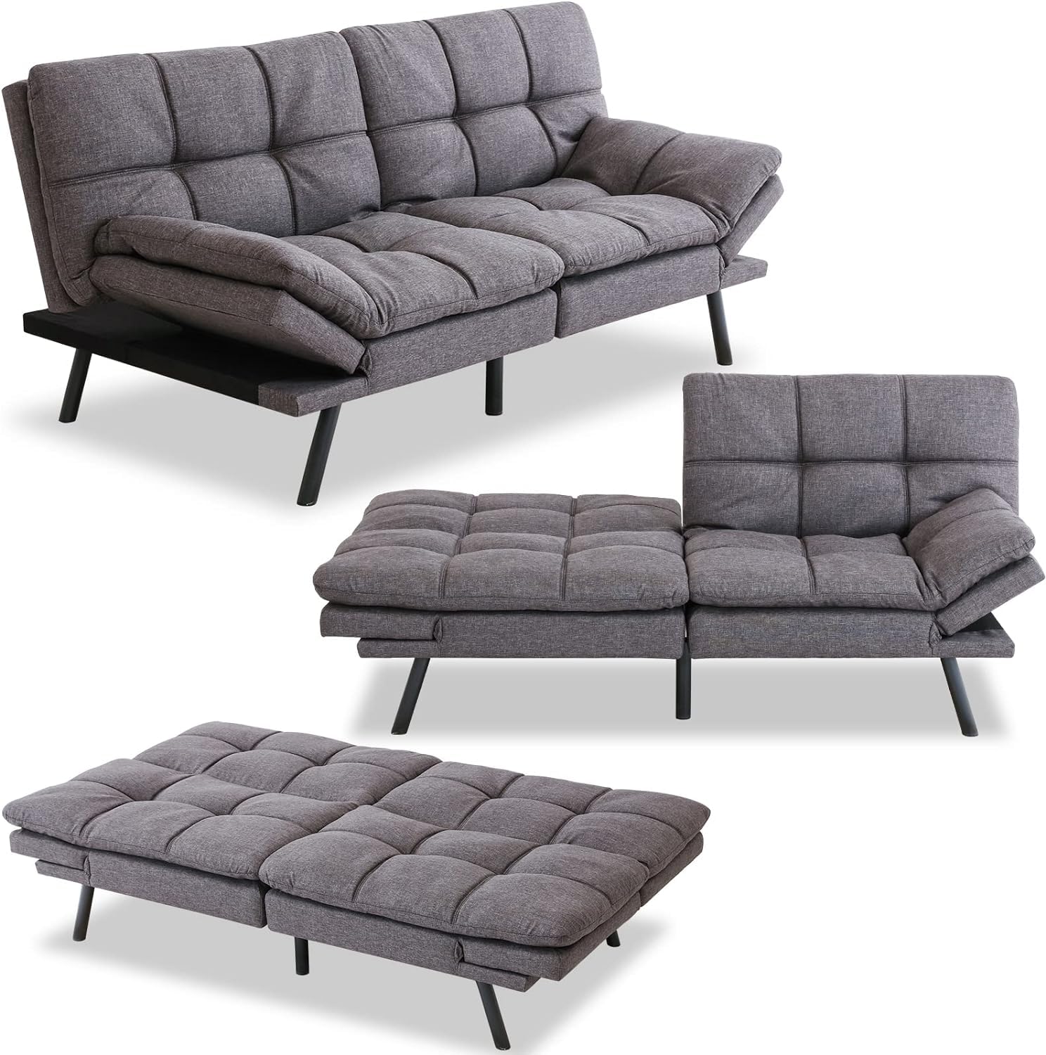 MUUEGM Convertible Futon Sofa Bed Memory Foam Futon Couch Bed Modern Sofa Couch Leather Love Seat Sofa Sleeper Couches for Living Room,Office,Small Space,Adjustable Armrest and Backrest,Grey