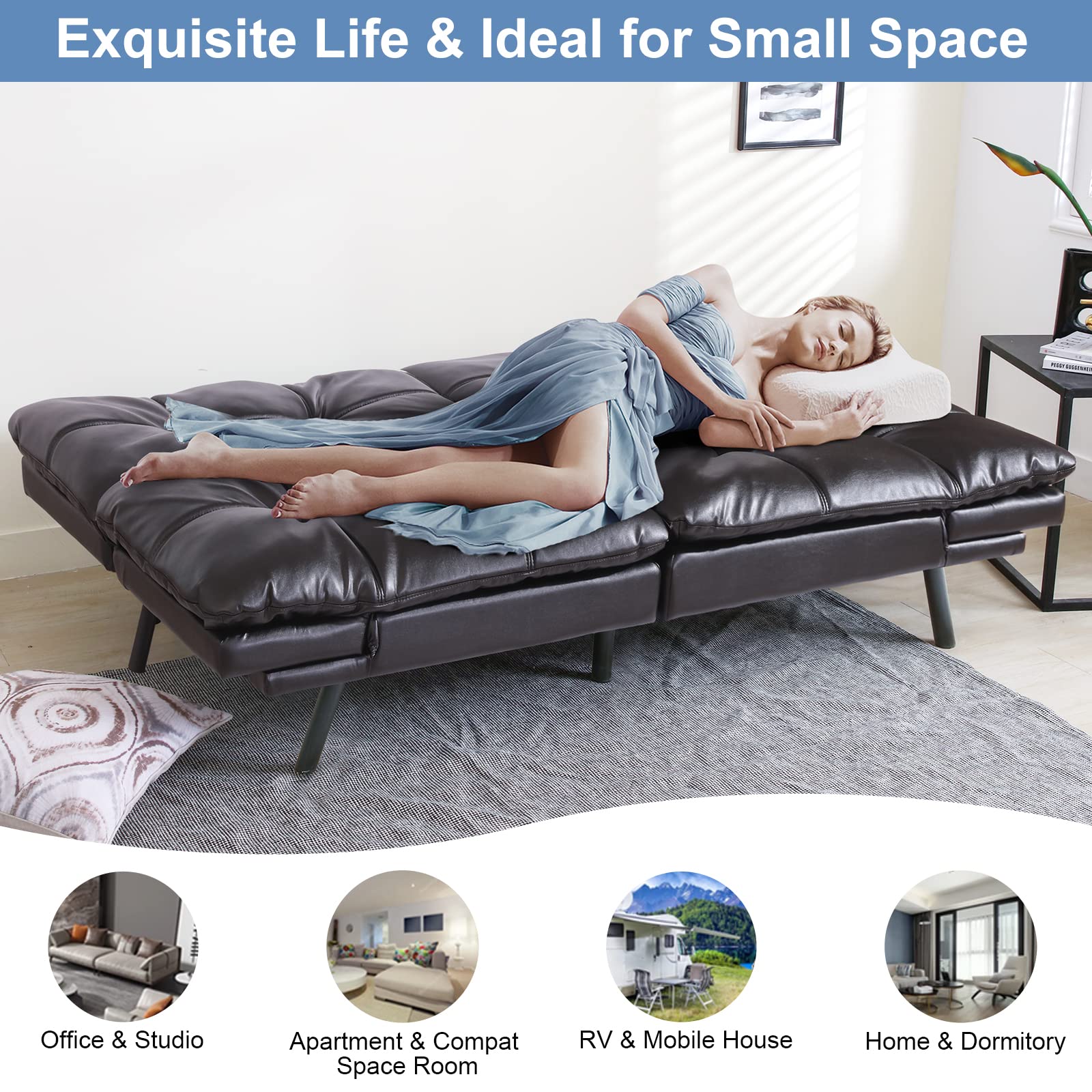 MUUEGM Futon Bed Couch Faux Leather Convertible Sleeper,Memory Foam Modern Love seat with Adjustable Arm&Back,for Living Room,Office,Small Space,Dorm,Apartment Sofabed, Black Sofa-New