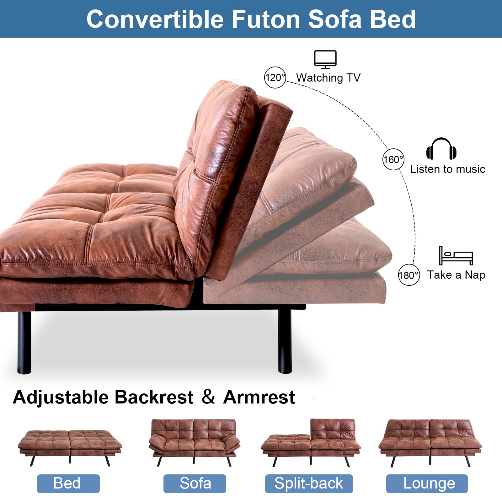MUUEGM Futon Couch Bed Sleeper Convertible Modern Memory Foam Love seat,Faux Leather Foldable Daybed for Living Room Office Apartment,Adjustable Armrest&Backrest Sofas, Light Brown