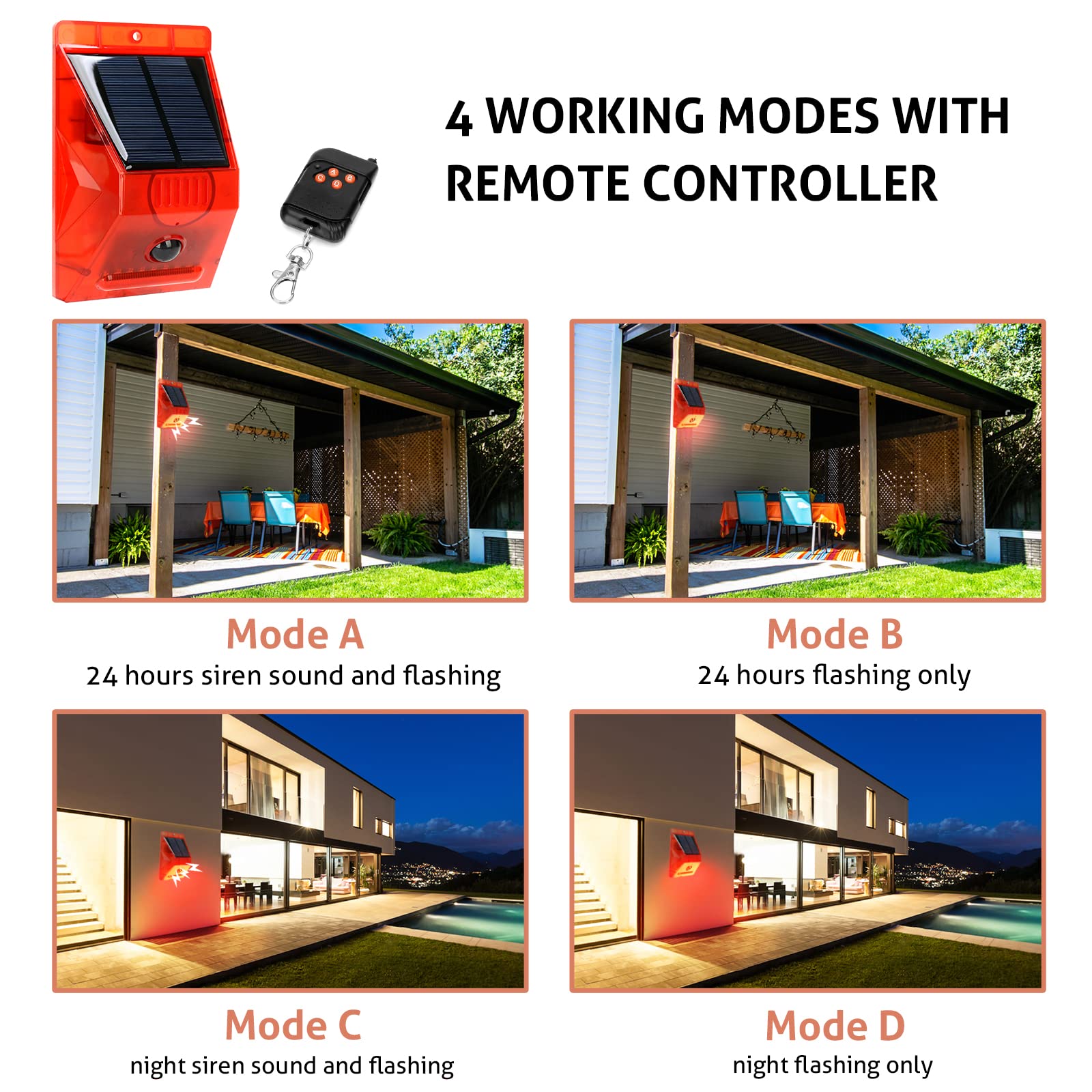Outdoor Alarm Siren with Motion Detector Solar Alarm Light with Remote Controller 129db Sound Security Siren IP65 Waterproof 24 Hours & Night Mode for Home, Farm, Villa, Yard