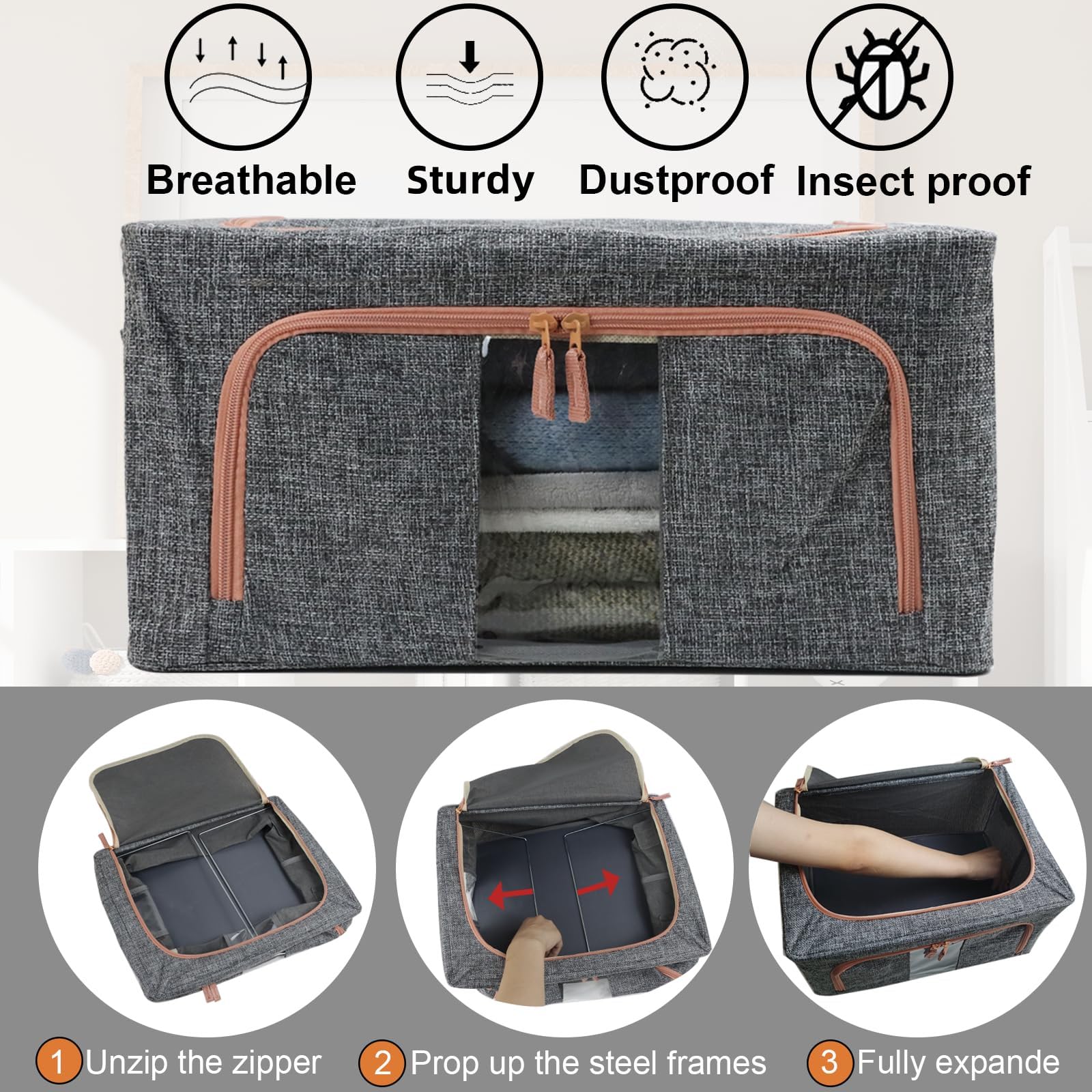 Linen Clothes Storage Bins, 4PCS Sturdy Closet Organizers and Storage Bin with Metal Frame, 2 Opening Ways Fabric Visible Lidded Storage Box for Organizing Clothing,Jeans,Sheets (4PC Gray, 22Liters)