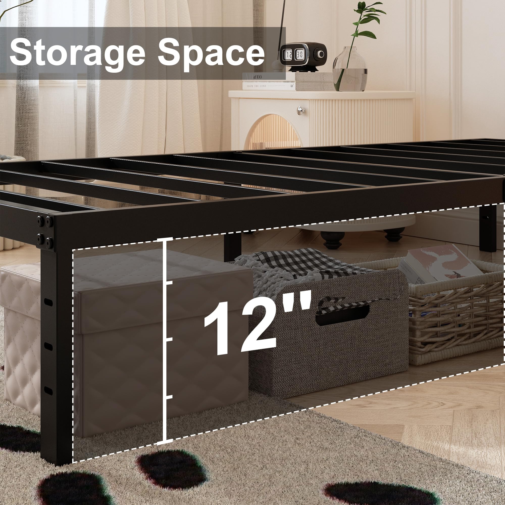 Maenizi Twin Bed Frame with White Fabric Cover 14 Inch, Heavy Duty Metal Bed Frame Twin, No Box Spring Needed, Support Up to 2500 lbs, Easy Assembly, Noise Free, Black