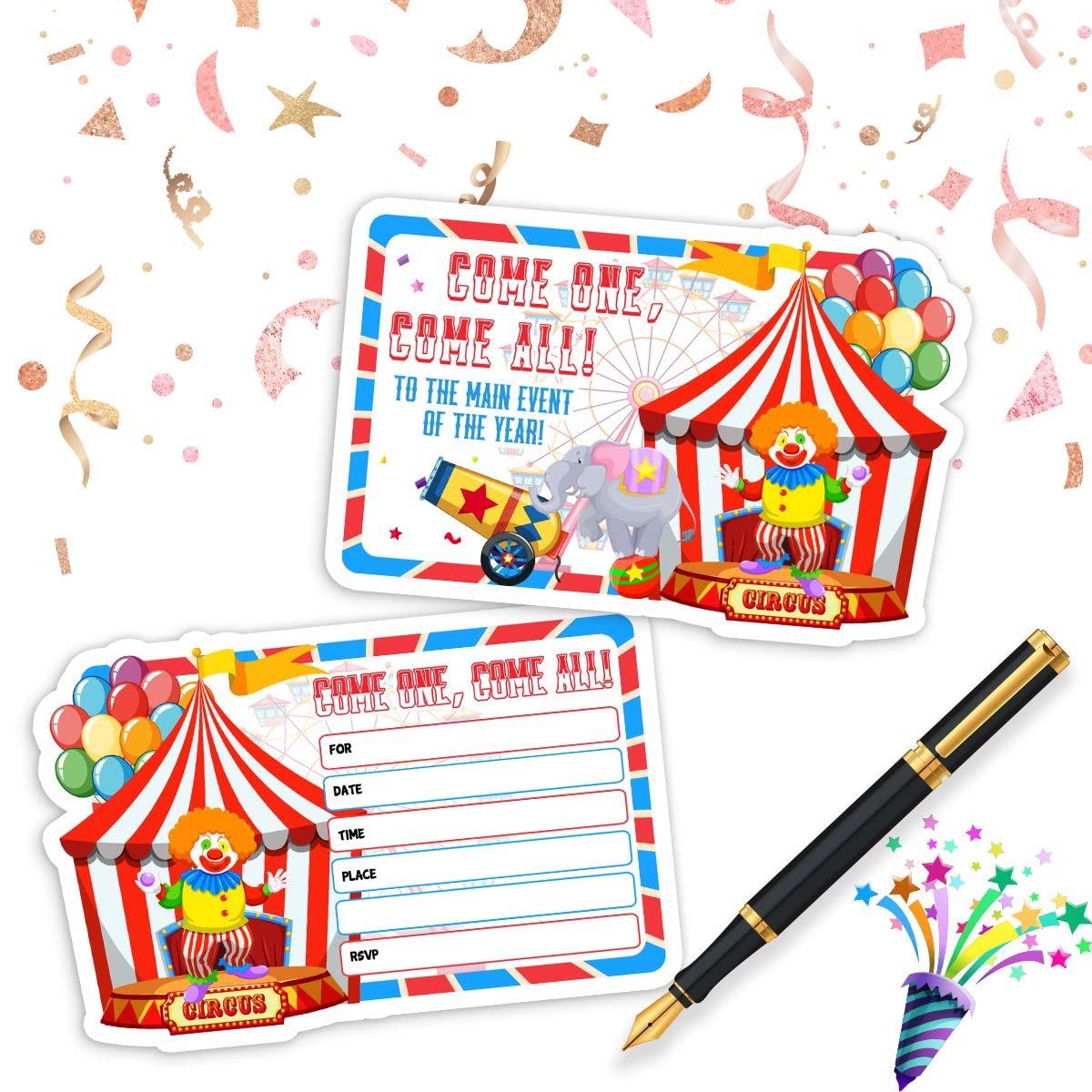 MUZRUYOU Carnival Circus Birthday Party Invitations card for Kids with Envelopes, Carnival Circus Party Supplies(20set