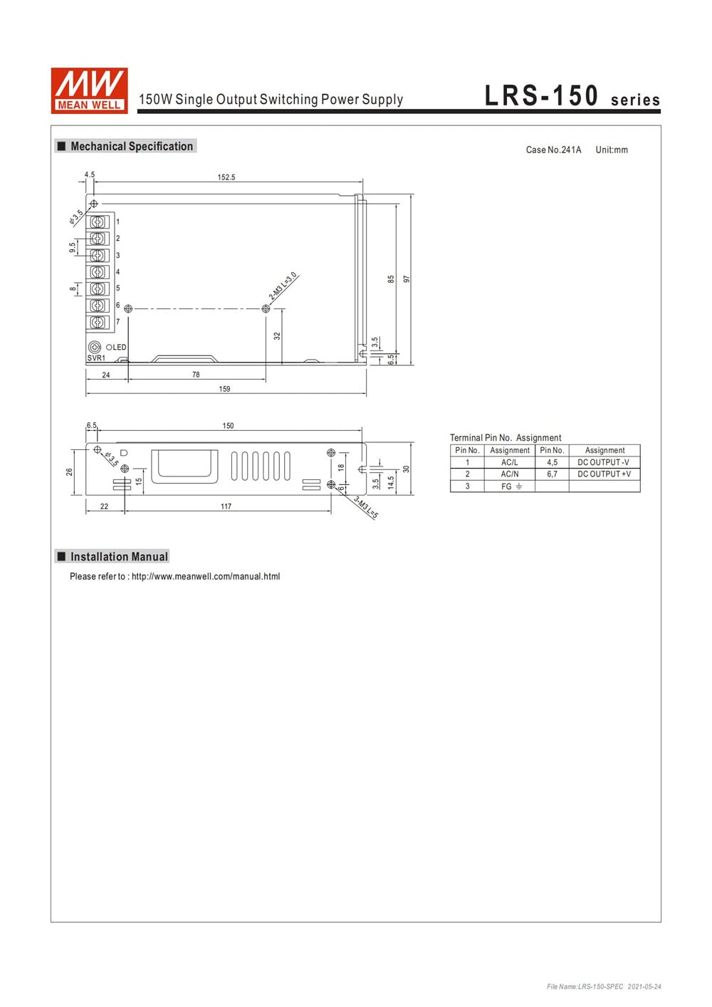 MW Mean Well Enclosed Type LRS-150W-12/15/24/36/48V Non-PFC LRS Series 150W Single Output Switching Power Supply (LRS-150-24)