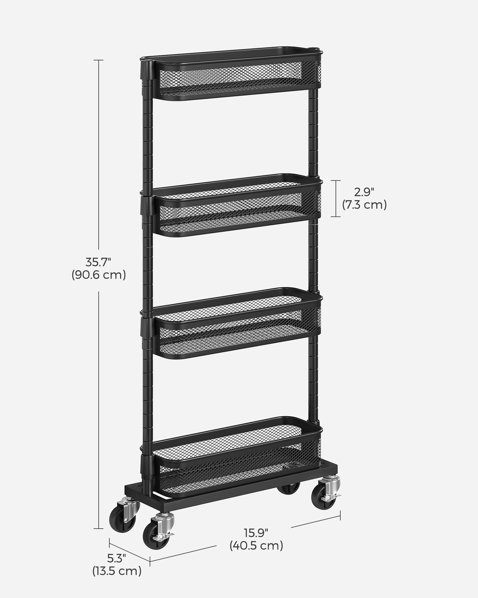 SONGMICS Slim Storage Cart, 4-Tier Metal Rolling Cart with Wheels, Flexible Baskets, Narrow Cart for Kitchen, Bathroom, Laundry Room, Easy Assembly, Black UBSC065B01