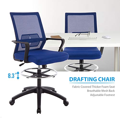 Ergonomic Mesh Office Drafting Chair - Adjustable Height with arms, Tall Office Computer Reception Desk Chair (Blue)