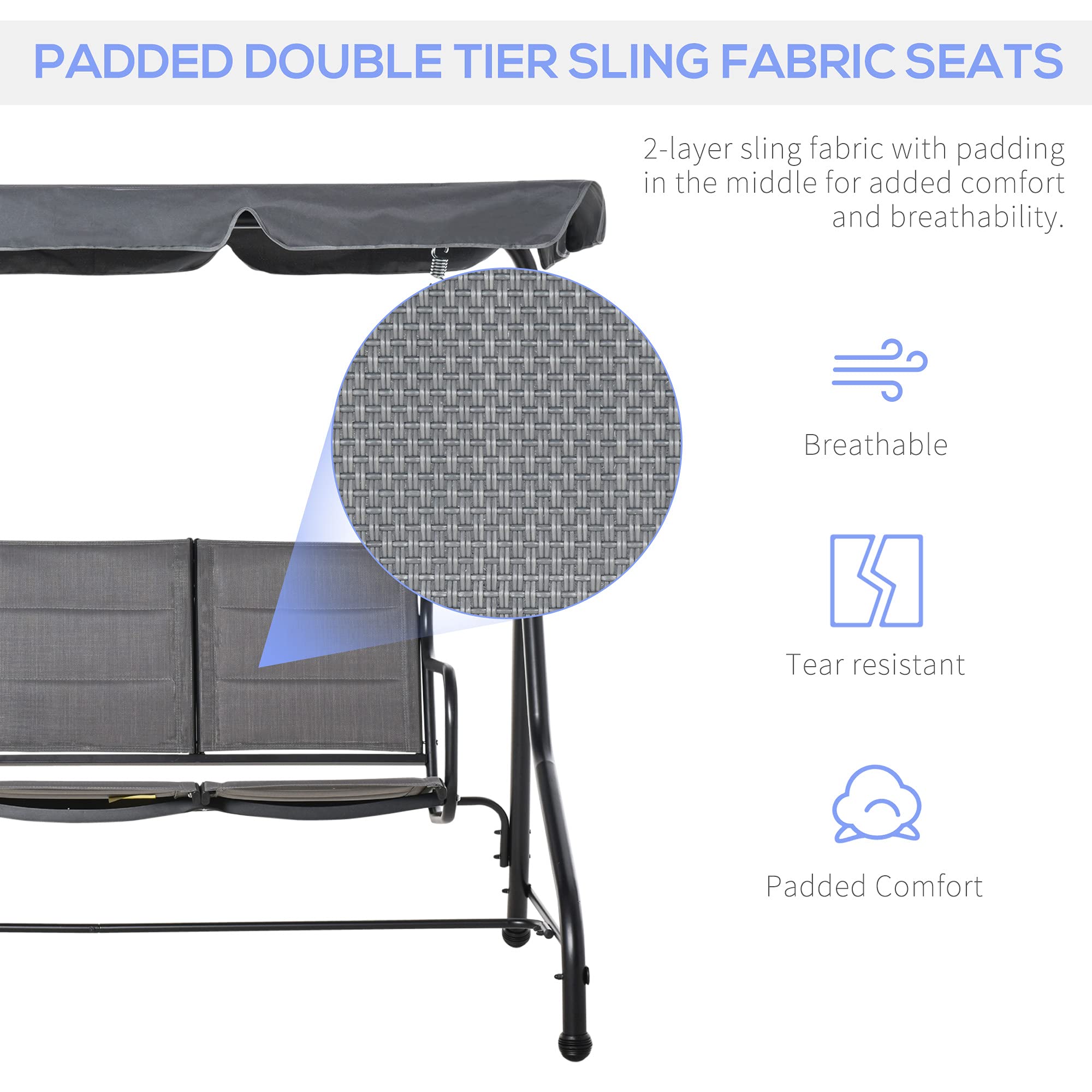 Outsunny 3-Seater Porch Swing Chair, Outdoor Swing Glider with Adjustable Canopy, Padded Breathable Seat, for Garden, Poolside, Backyard, Deck