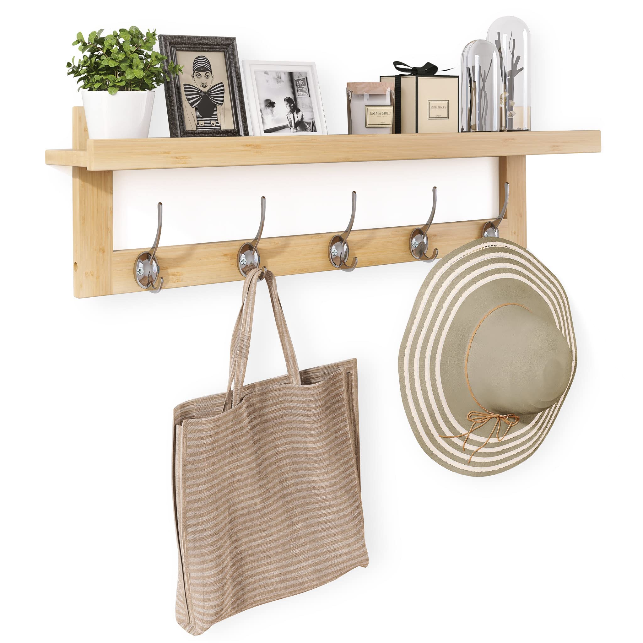 SMIBUY Coat Hooks with Shelf Wall-Mounted, 29.2 Inch Entryway Coat Rack for Wall, Bamboo Hanging Shelf with 5 Double Metal Hooks for Bathroom, Bedroom, Kitchen, Living Room, Mudroom (Natural)