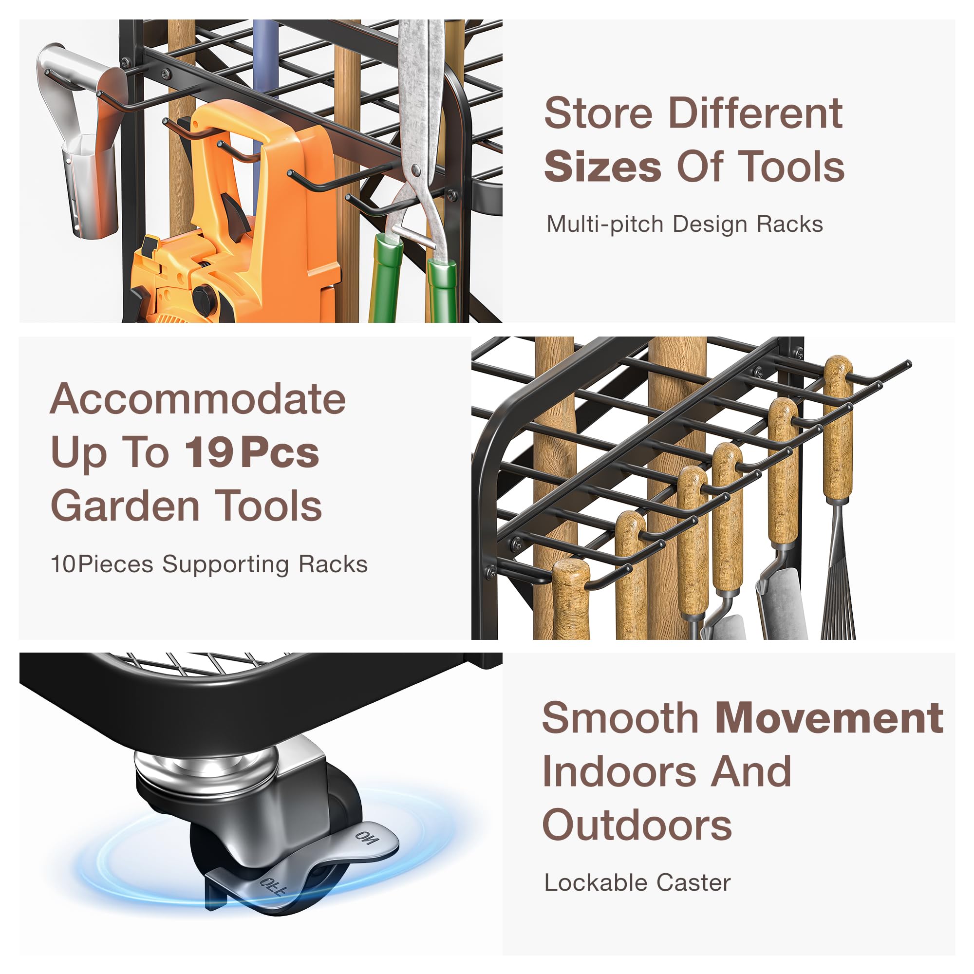 Lineware Garden Tool Organizer For Garage Garden Tool Storage with Wheels Garden Tool Rack Stand Garden Tool Holder Yard Tool Storage for Outdoor Shed Garage Garden Black