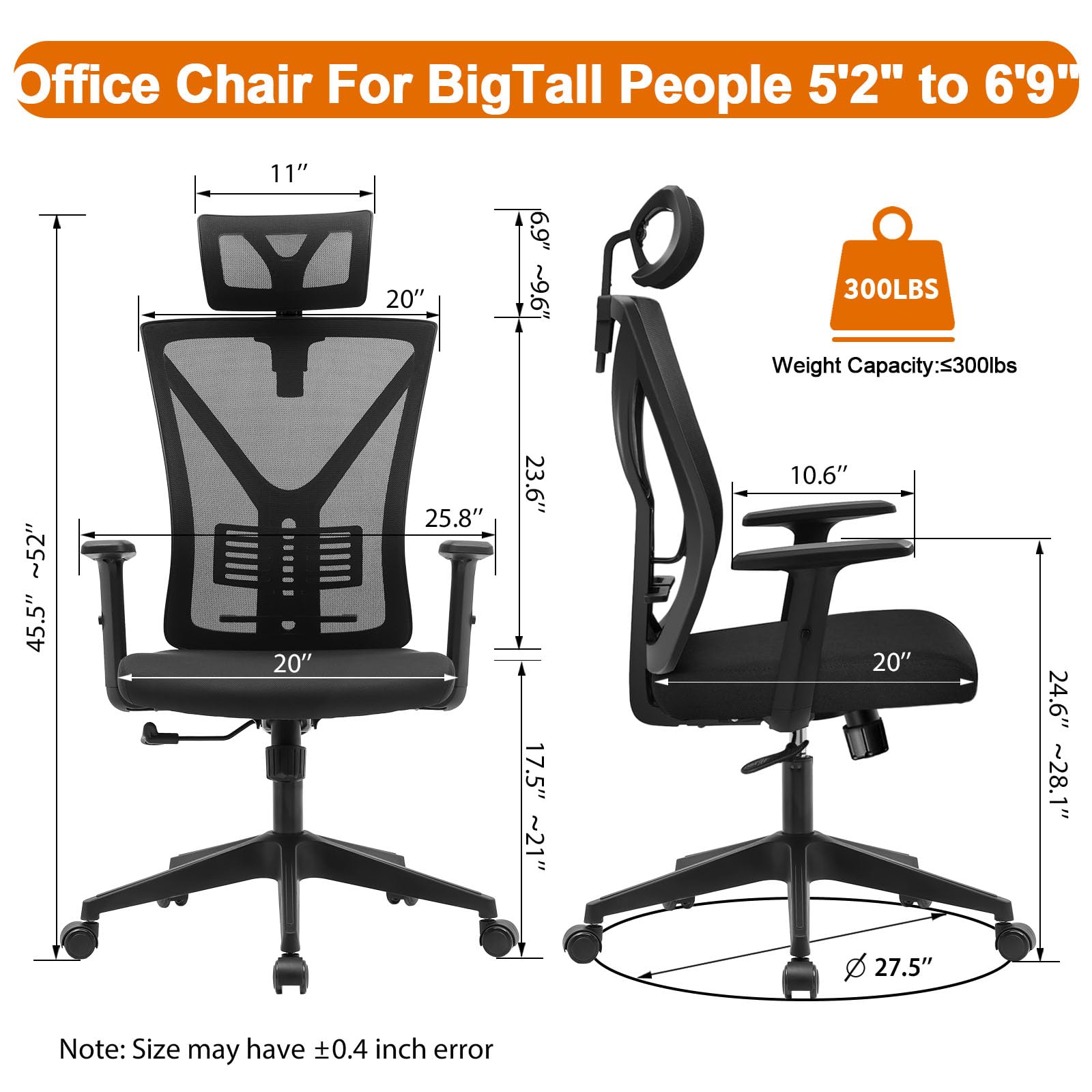 Ergonomic Mesh Office Chair, Home Office Desk Chairs with Adjustable Lumbar Support, 2D Headrest, 135 °Tilt Function, Computer Chair with Thicken Cushion, Swivel Executive Task Chair for Home,350lb