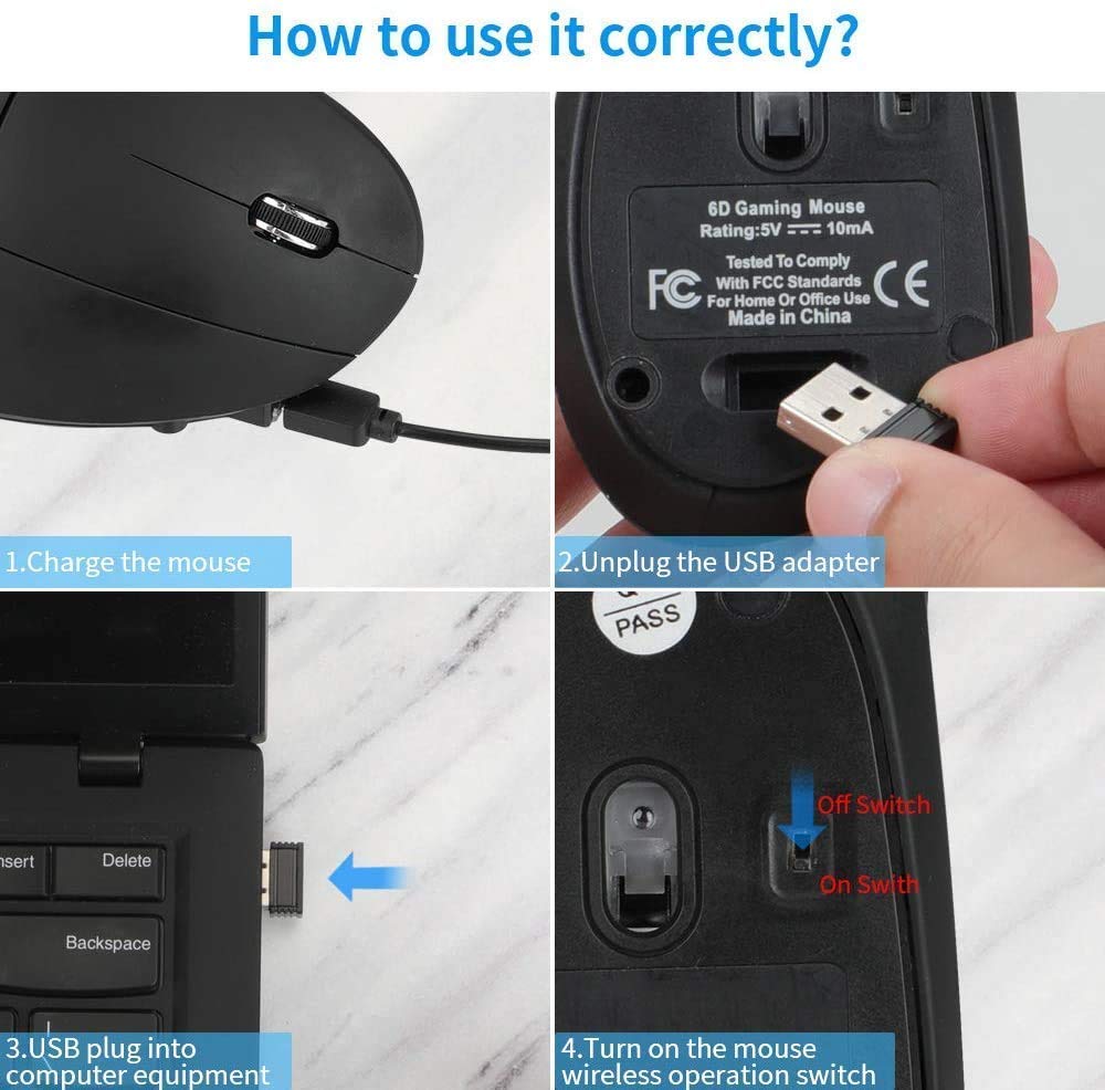Ergonomic Mouse, Vertical Wireless Mouse - Rechargeable 2.4G Wireless Vertical Ergonomic Optical Mouse 3 Adjustable DPI 800/1200/1600 Levels 6 Buttons, for Laptop, Desktop, PC, MacBook (Black)