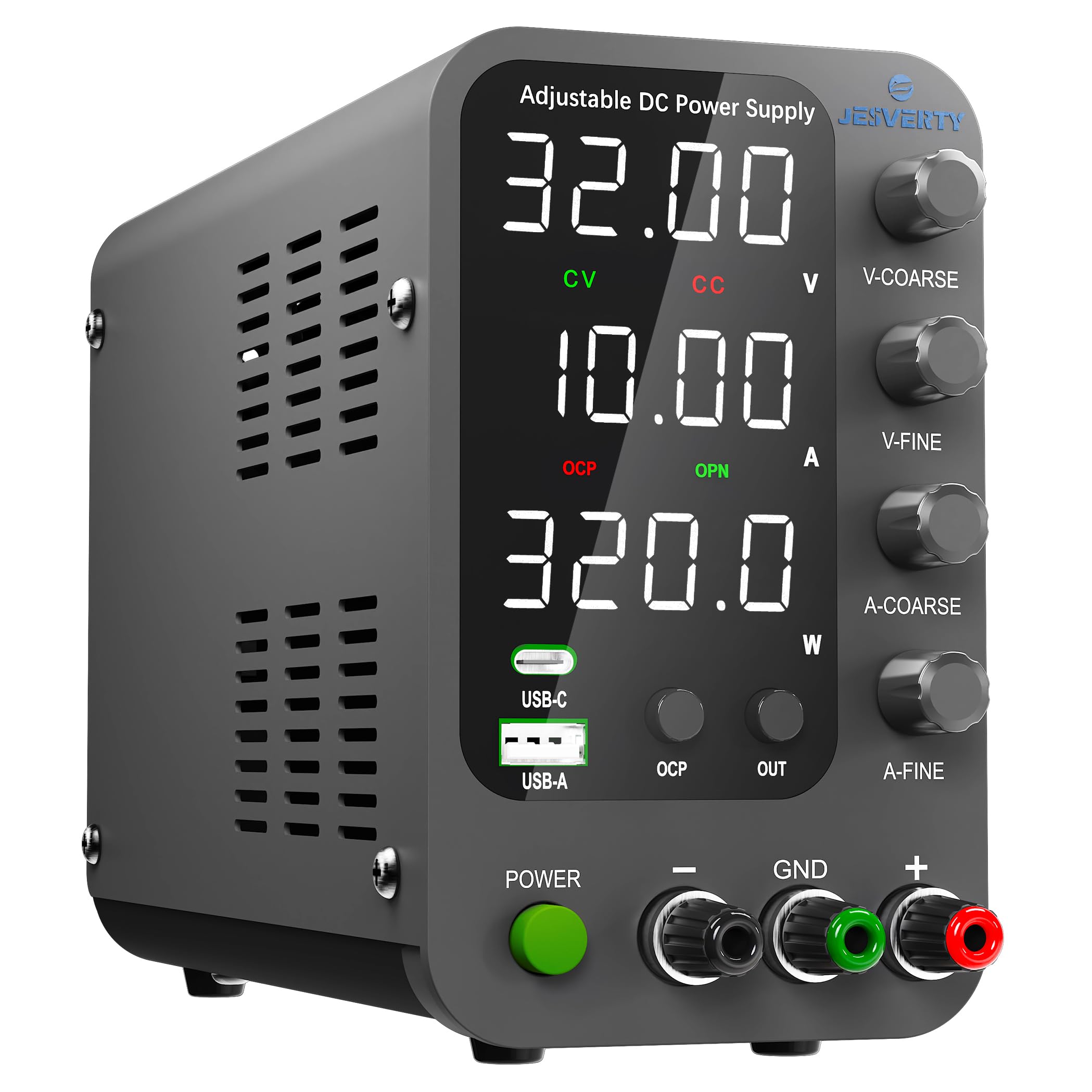 Jesverty DC Power Supply Variable, 0-32V 0-10A Switching Bench Power Supply with 20W USB & Type-C Quick-Charge, Encoder Corase & Fine Adjustment Knob, Output Switch, 4-Digit LED Display - SPS-3010V