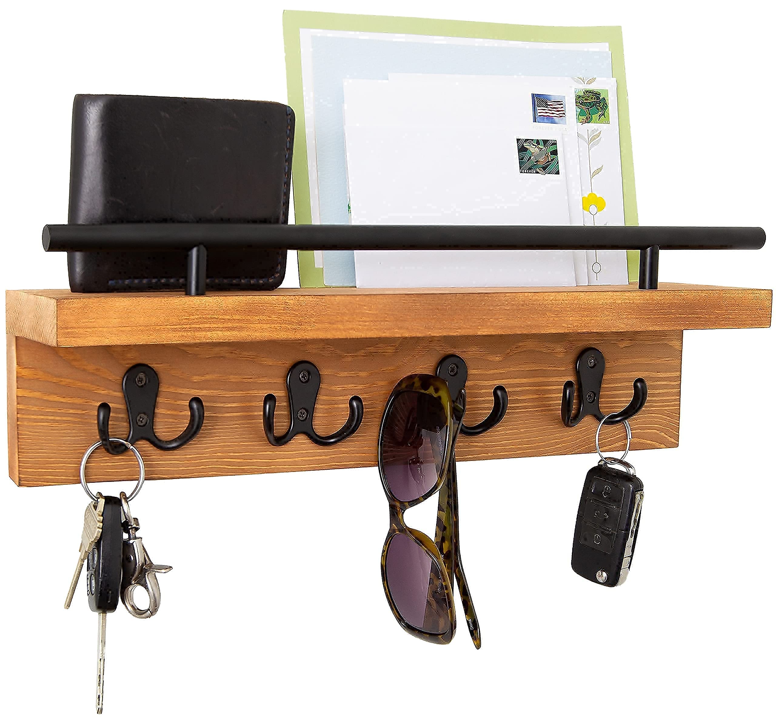 Ripple Creek Mail and Key Holder for Wall, Decorative Wooden Wall Shelf with Hooks, Wall Mounted Coat Rack with Shelf, Keys Organizer, Entryway Hooks with Home Bathroom Kitchen (Light Brown, Large)