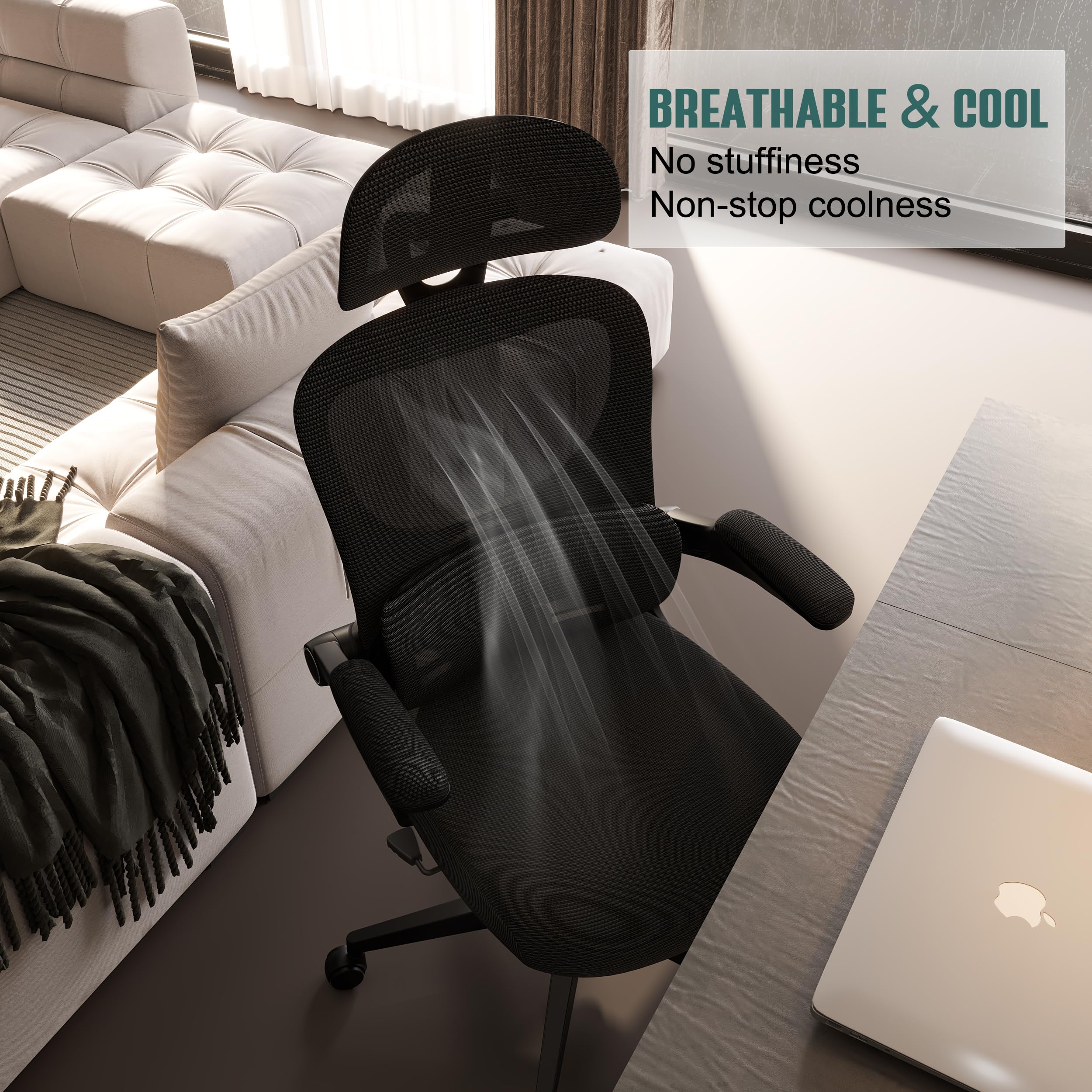 Ergonomic Office Desk Chair, High Back Mesh Chair with Flip-Up Arm, Headrest, Swivel Rolling Wheel, Adjustable Lumbar Support, Big and Tall Comfy Computer Gaming Task Chairs for Adults
