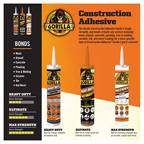 Gorilla Max Strength Clear Construction Adhesive, 9 Ounce Cartridge, Clear, (Pack of 1)