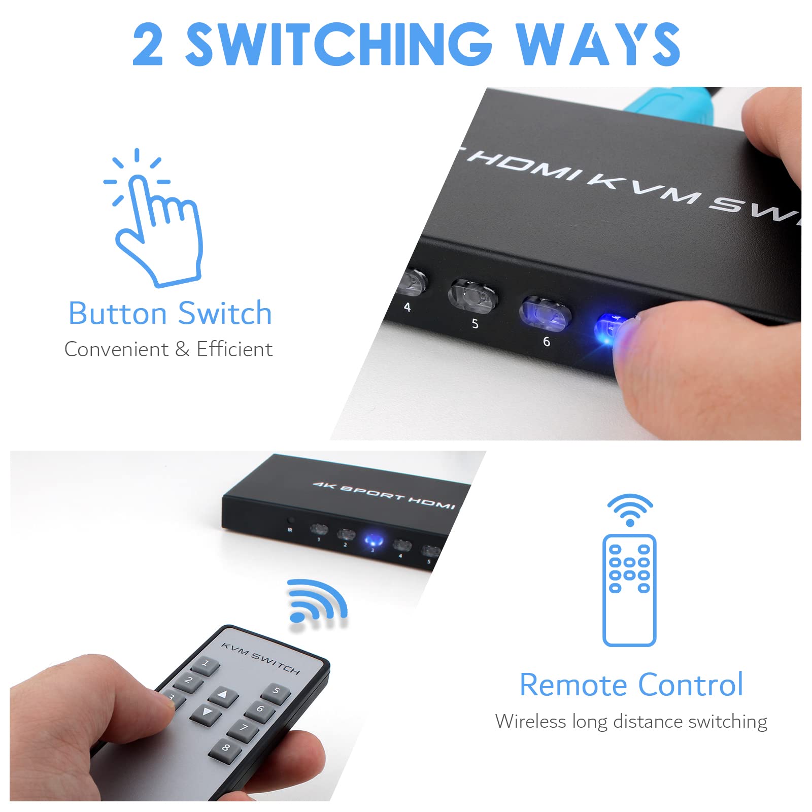 TCNEWCL 8 Port KVM Switch HDMI, 4K@30Hz 8 in 1 Out HDMI KVM Switch for 8 PC Sharing 1 HD Monitor and 4 USB Devices with IR Remote & 8 HDMI Cables